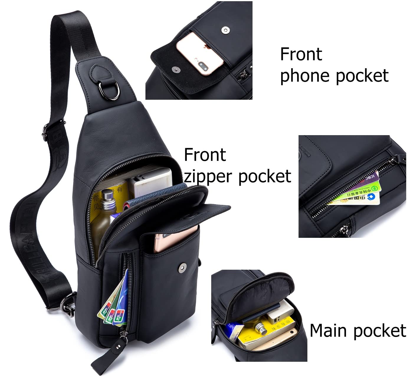 BULLCAPTAIN Genuine Leather Sling Bag for Men Multi-pocket Casual Travel Crossbody Chest Bag Hiking Backpacks (Black)