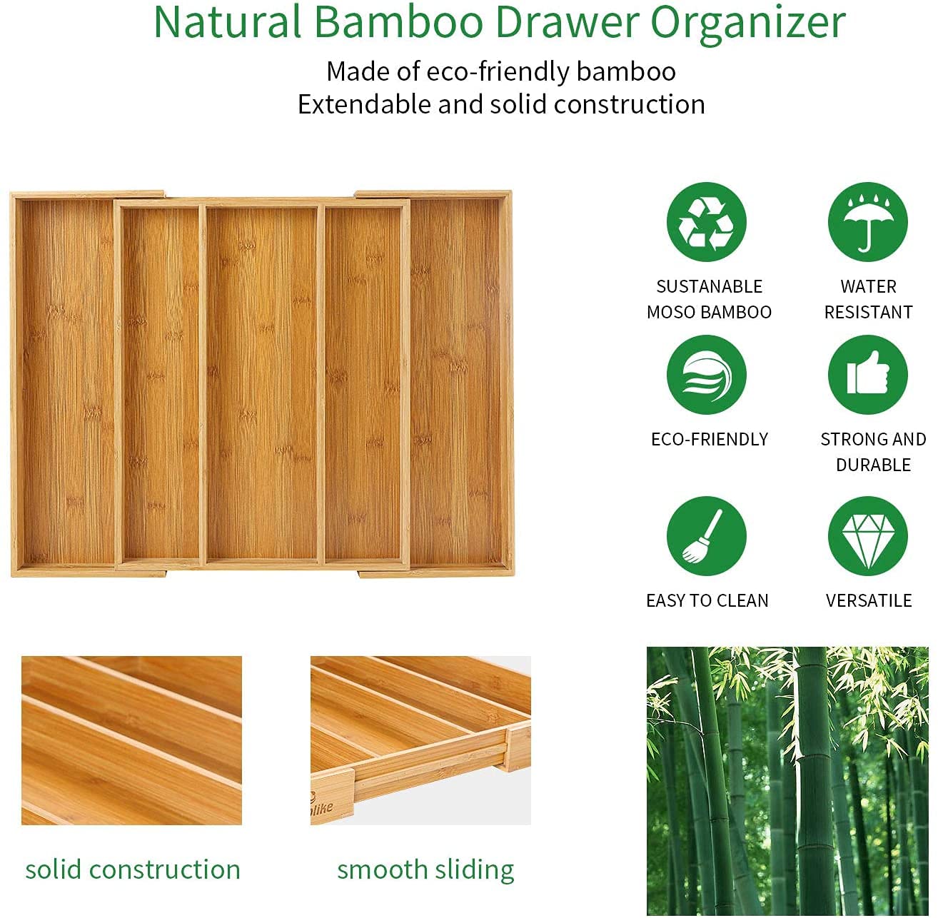Utoplike In-drawer Knife Block Bamboo Kitchen 12 Knifes Drawer Organizer and Flatware Expandable Kitchen Drawer Organizer Set