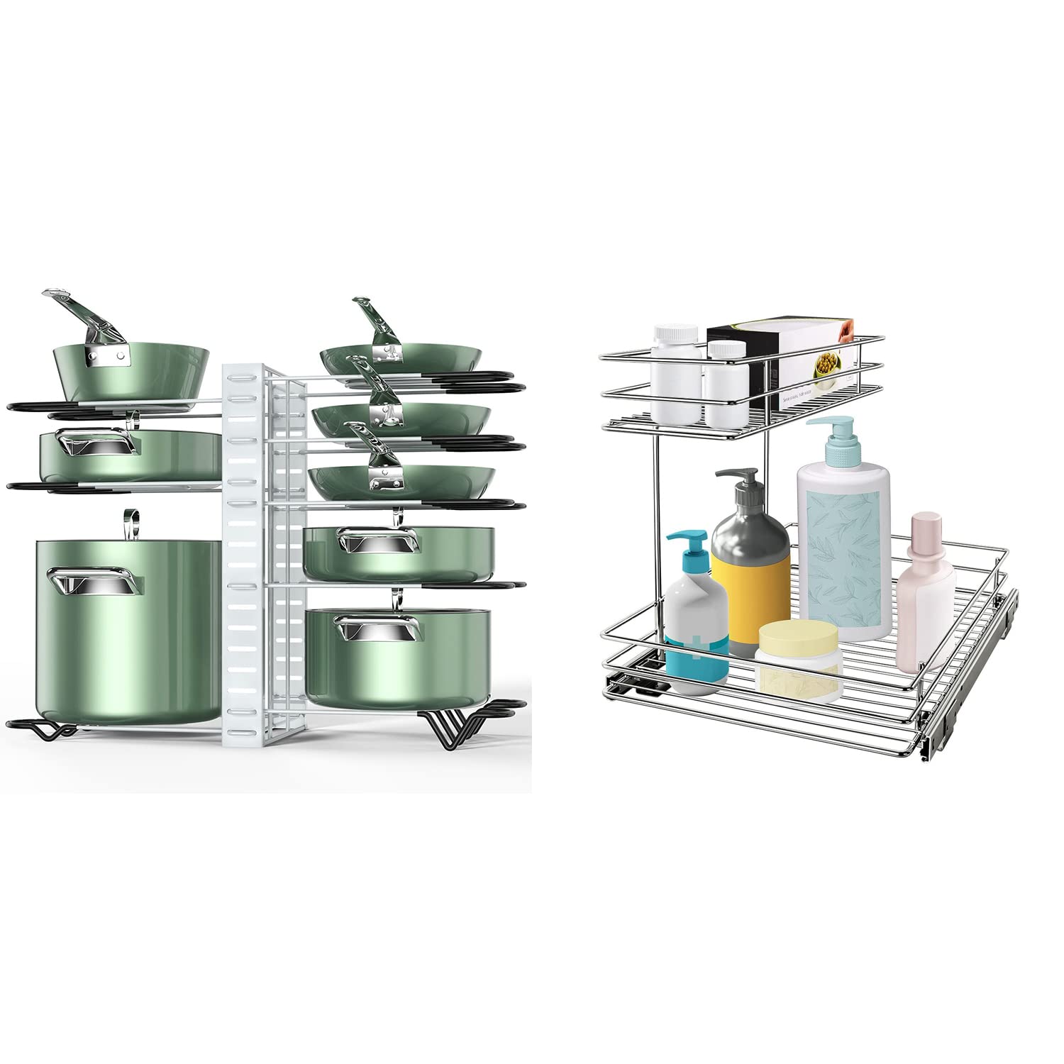 Pot Rack Organizers & Pull Out Cabinet Organizer, Adjustable Pots and Pans Organizer with 3 DIY Methods for Kitchen Organization, 12.6W x 16.53D x 12.99H Under Sink Slide Out Storage Shelf(2 Pack)