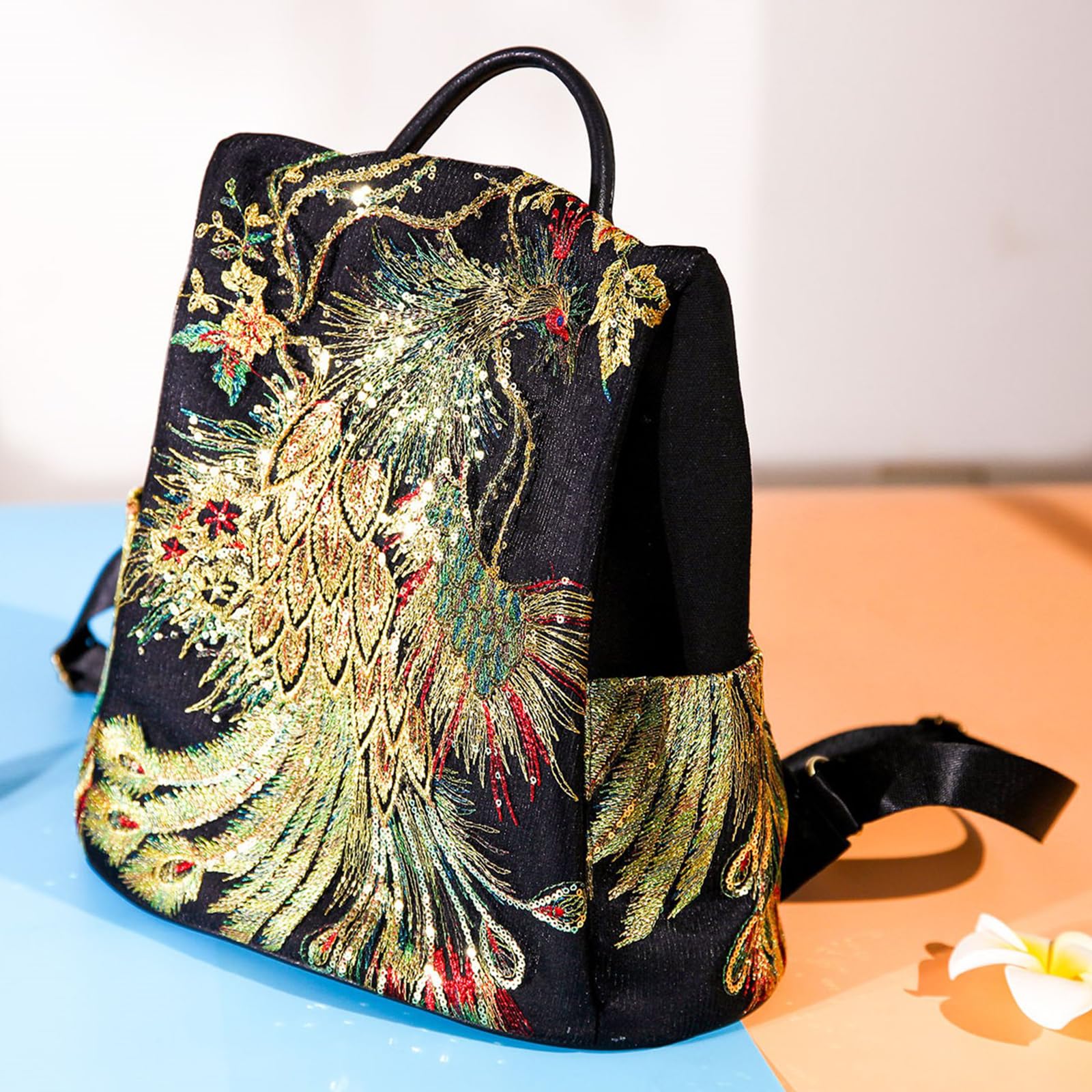 Embroidered Women Backpack Purse, Fashion Canvas Travel Anti-theft Rucksack School Shoulder Bag (Denim-Deep Blue)