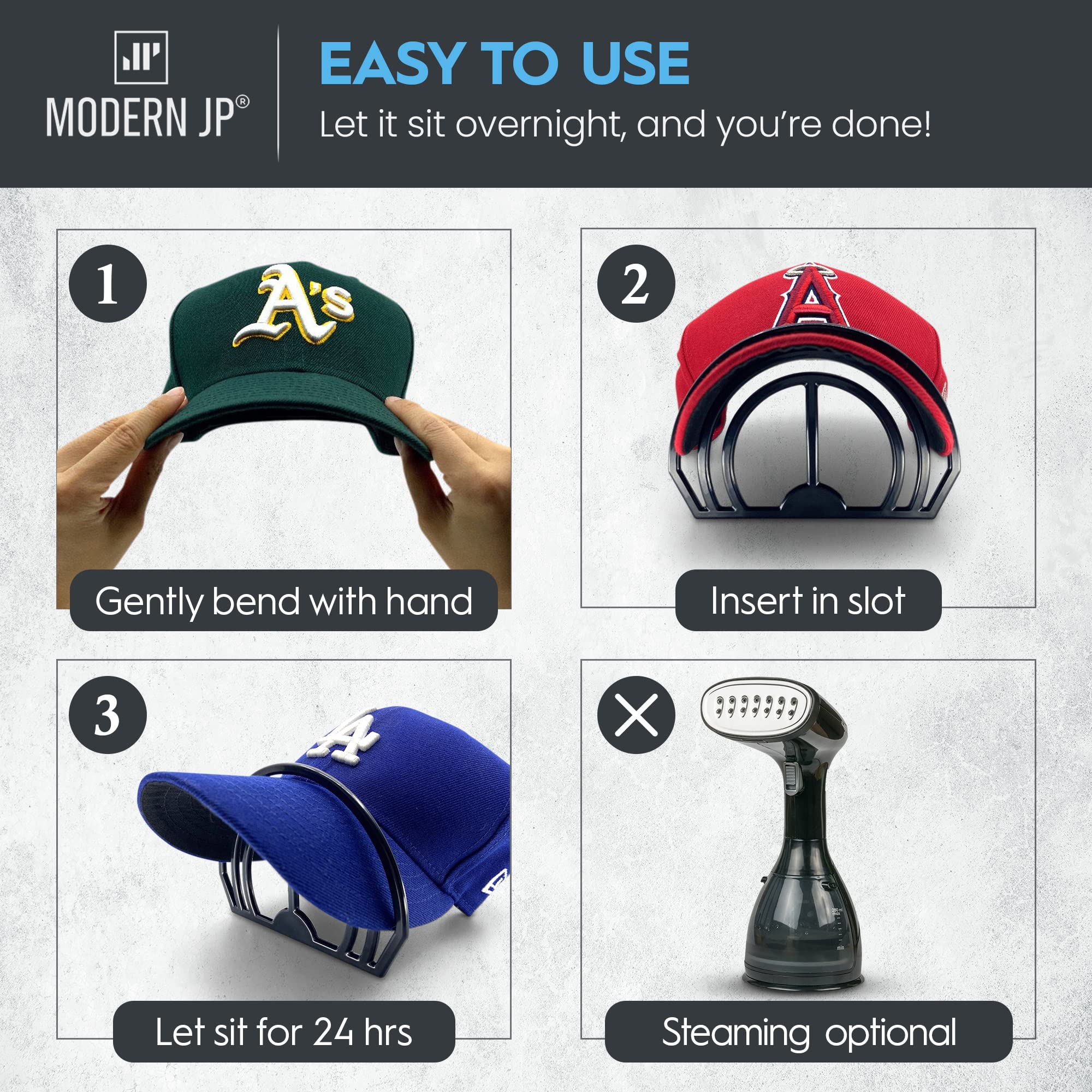 Modern JP Hat Brim Bender (4-Pack) - Perfect Hat Curving Band, Steaming Optional - Convenient Hat Shaper Design with Dual Option Hat Bill Bender Slots - U.S. Patent Pending, Black