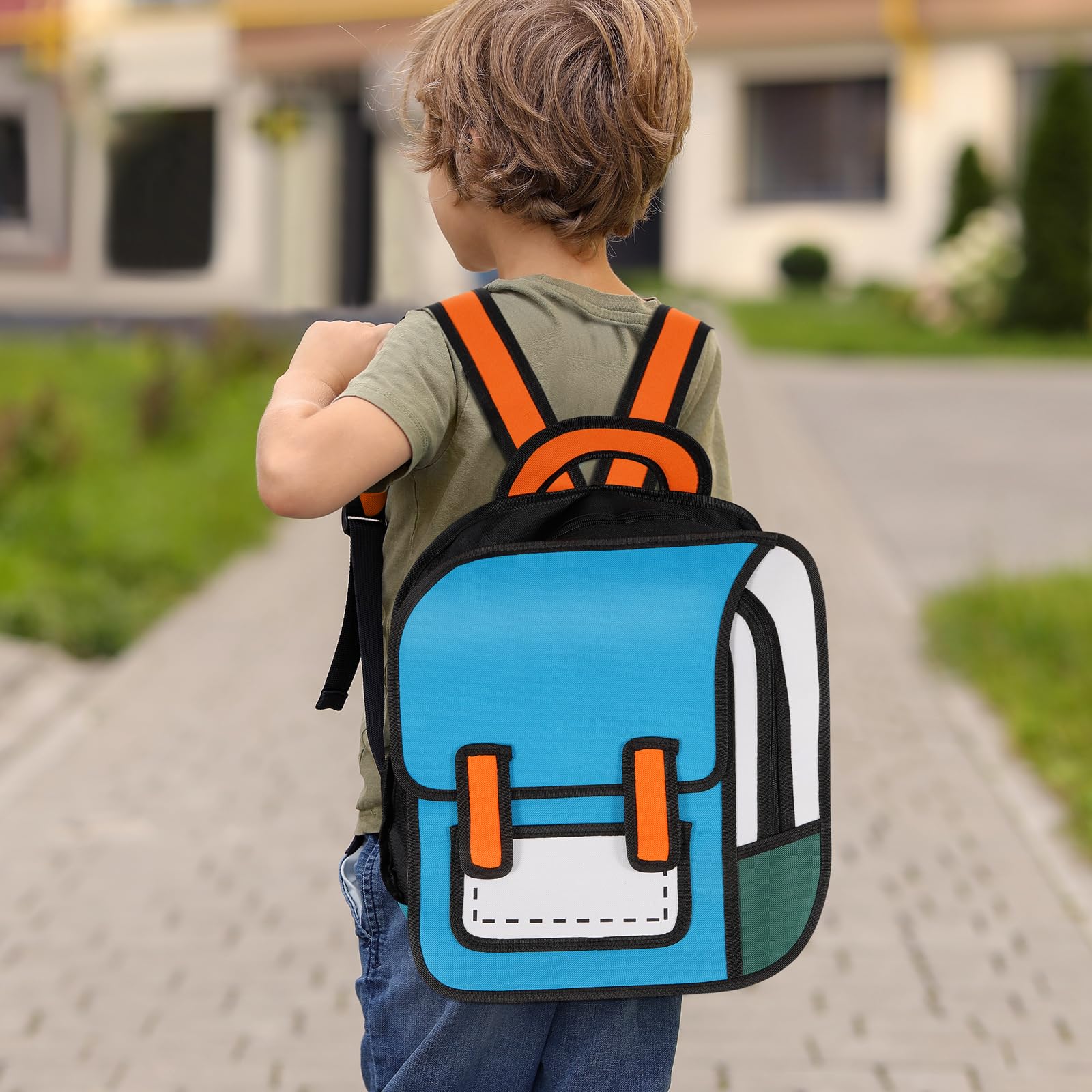 Aobiono Kawaii Backpack Cute Cartoon 3D Jump Style 2D Drawing from Comic Paper Anime Bookbag School Supplies Fun Daypack (Blue)