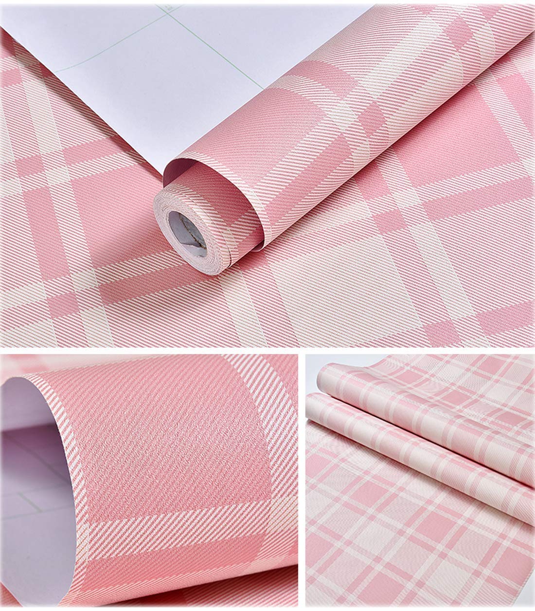 GLOW4U Plaid Pattern Vinyl Contact Paper Self Adhesive Shelf Drawer Liner for Kitchen Cabinets Backsplash Countetop (Pink, 24" Wx117 L)