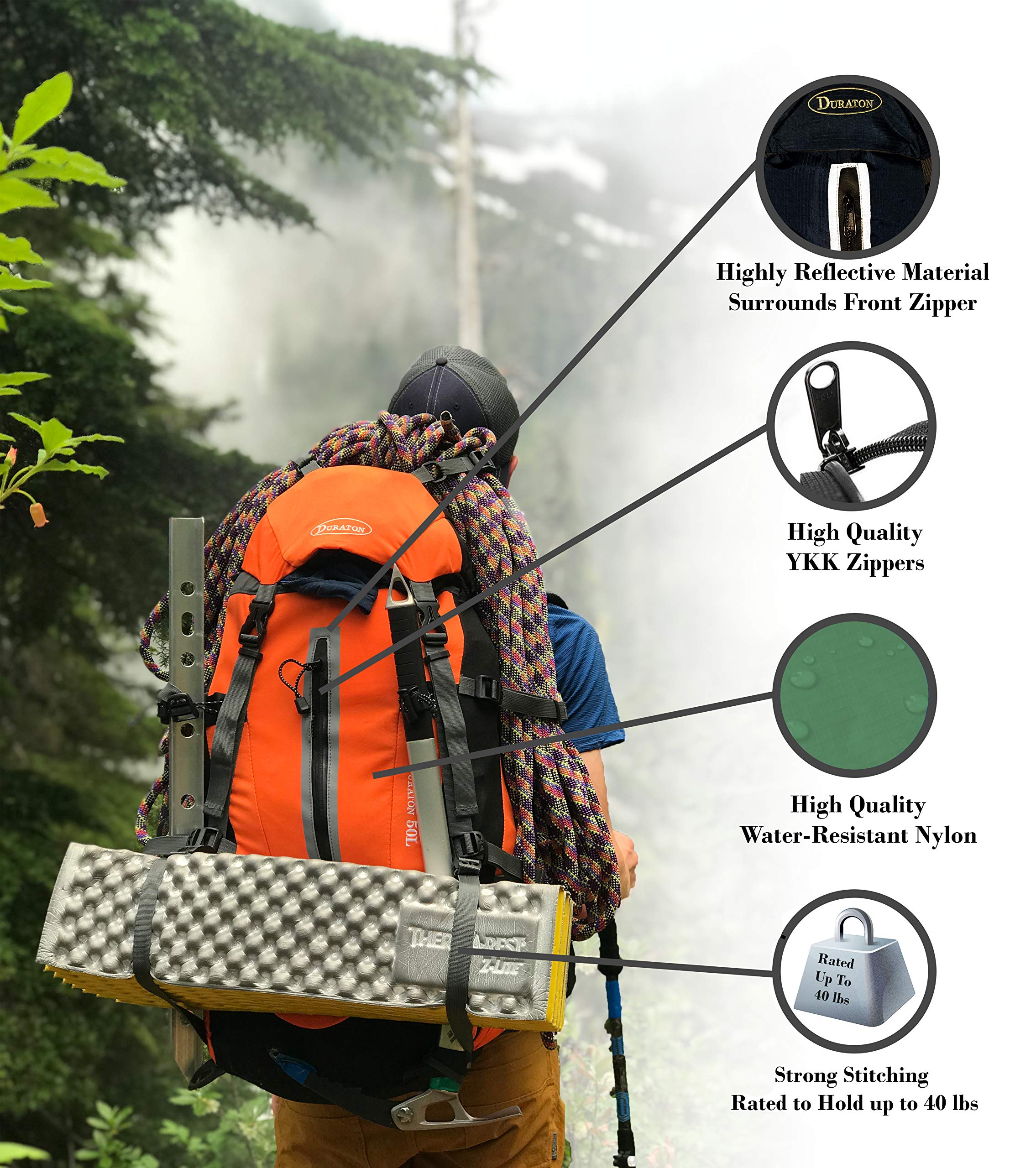 DURATON Hiking Backpack 50L, Water Resistant Light-Weight Day Pack for Backpacking Camping and Travel (Green)