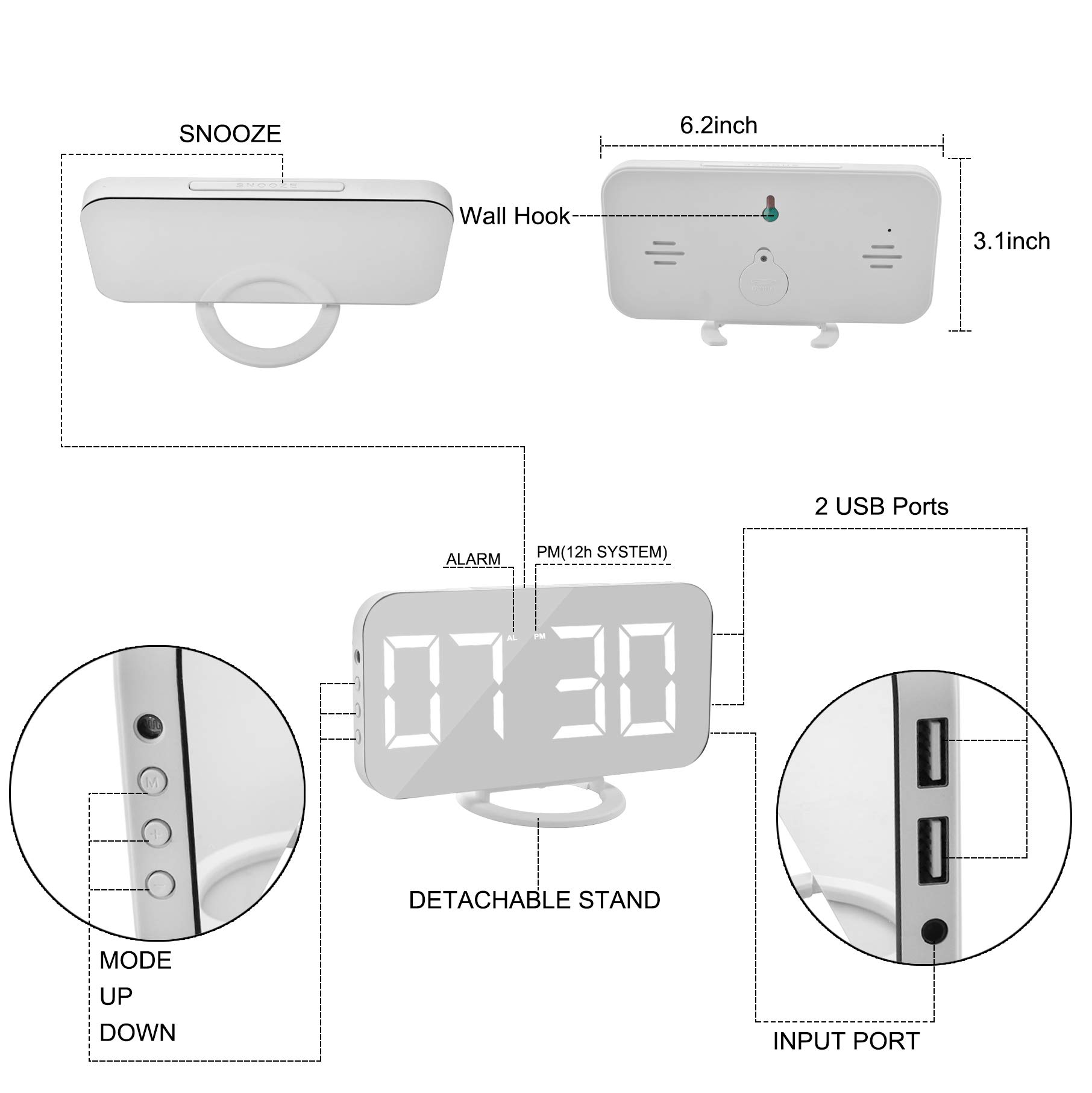 SZELAM Digital Clock Large Display, LED Electric Alarm Clocks Mirror Surface for Makeup with Diming Mode, 3 Levels Brightness, Dual USB Ports Modern Decoration for Home Bedroom Decor-White