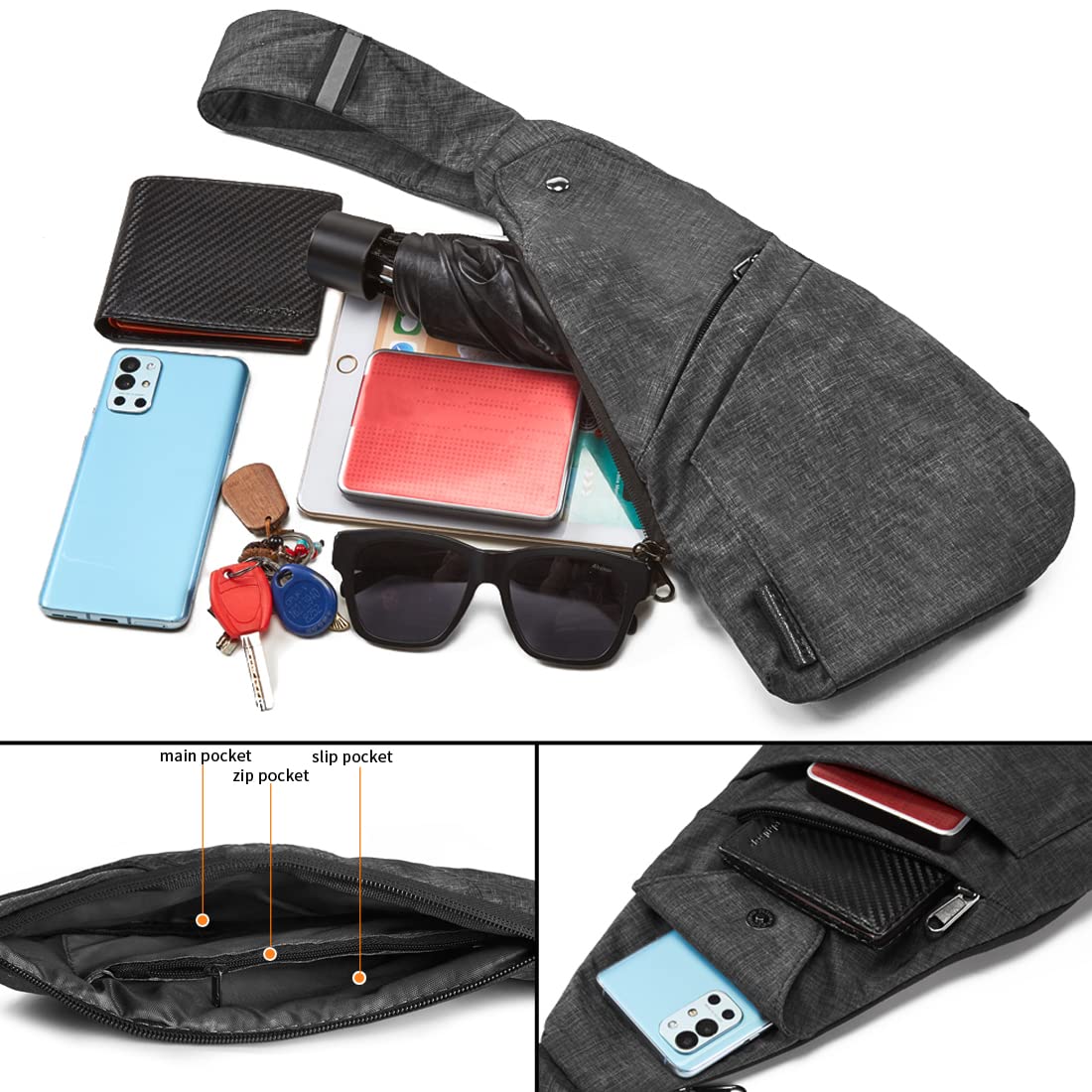 Seoky Rop Slim Sling Bag Small Ultra Thin Water Resistance Crossbody Chest Shoulder Backpack Personal Pocket Bag Dark Grey