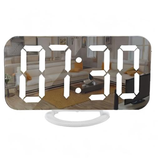 SZELAM Digital Clock Large Display, LED Electric Alarm Clocks Mirror Surface for Makeup with Diming Mode, 3 Levels Brightness, Dual USB Ports Modern Decoration for Home Bedroom Decor-White