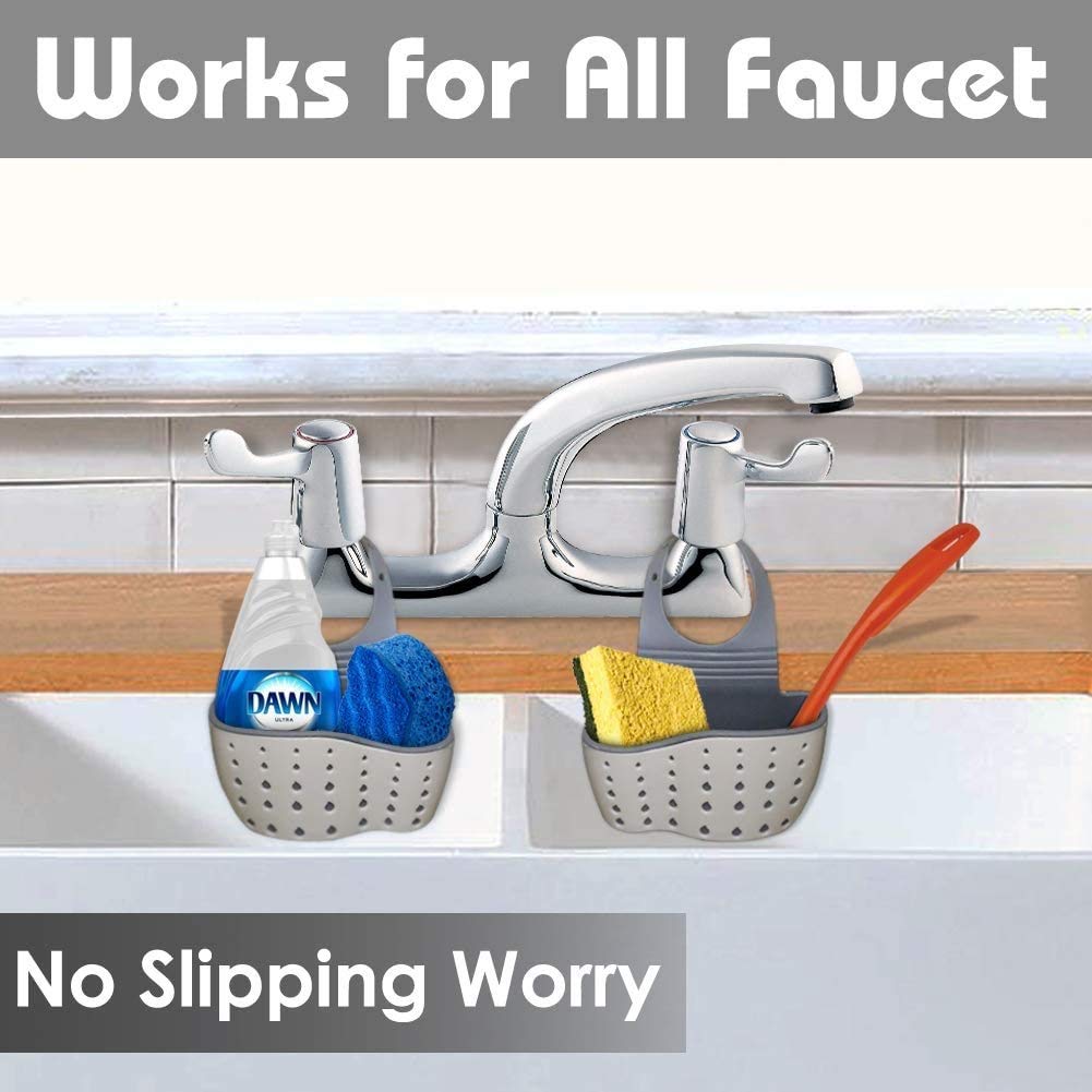 Comfecto Kitchen Faucet Sponge Holder, 2 Pack Hanging Kitchen Faucets Caddy Organizer with Adjustable Strap and Holes for Drying, Space Saving Sink Sider for Dish Soap Dishwashing Brush