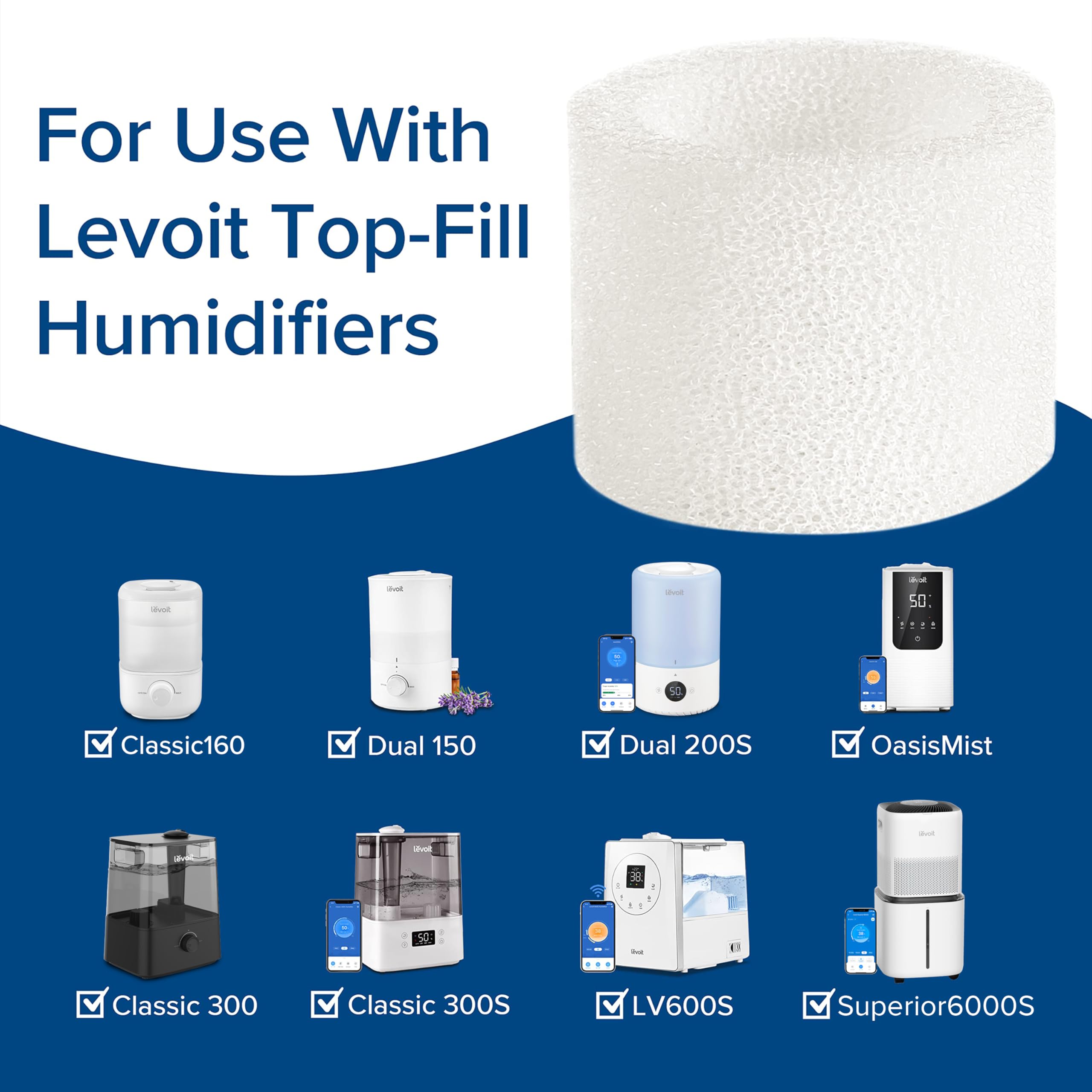 LEVOIT 10-Pack Humidifier Replacement Filters, Capture Fine Particles in Water Tank to Improve Humidification Efficiency, Compatible with Dual150, Dual200S, Classic300(S), LV600S, OasisMist, White