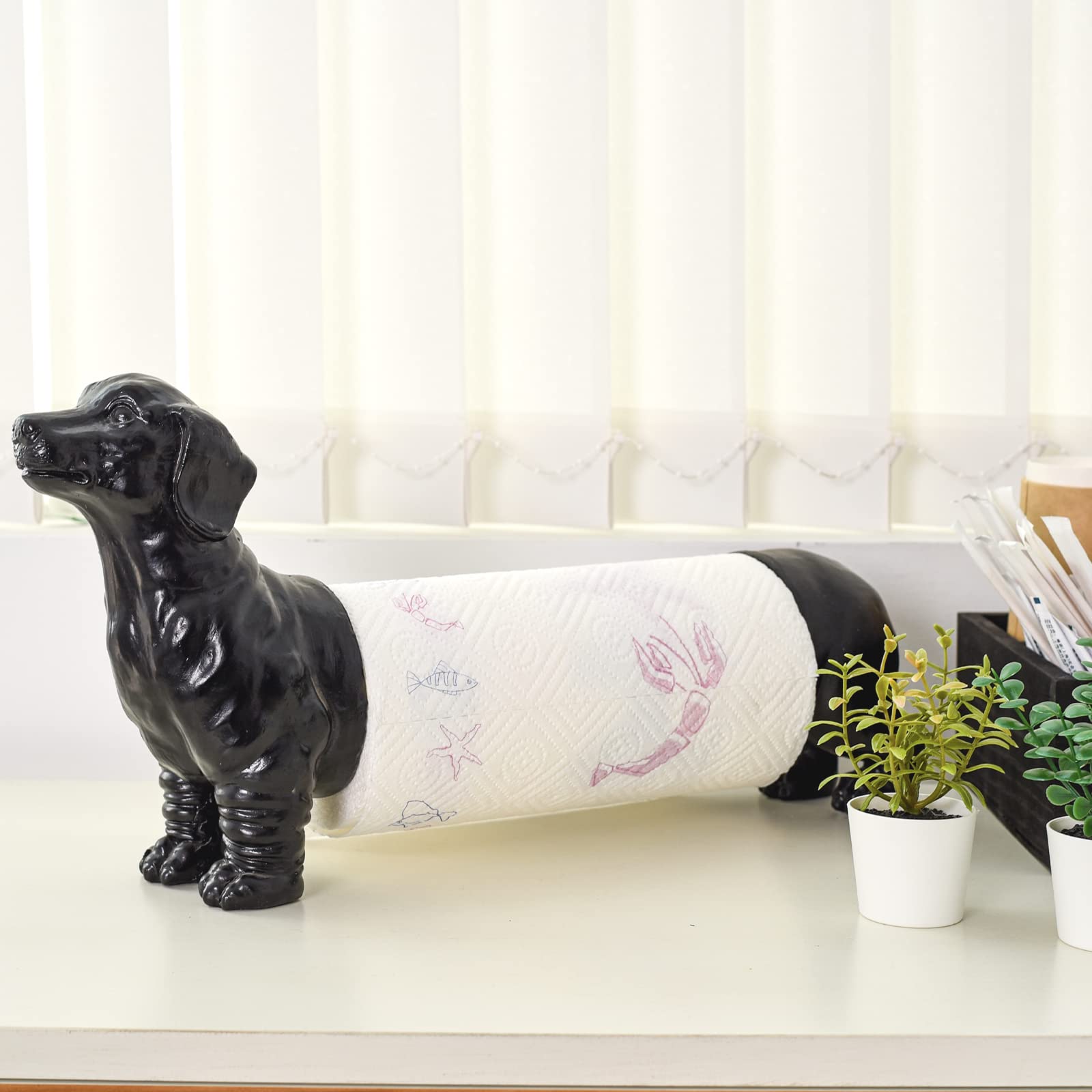 Dachshund Dog Paper Towel Holder for Kitchen, Freestanding Countertop Kitchen Paper Towel Holder, Vintage Animal Tissue Towel Display Stand, Black