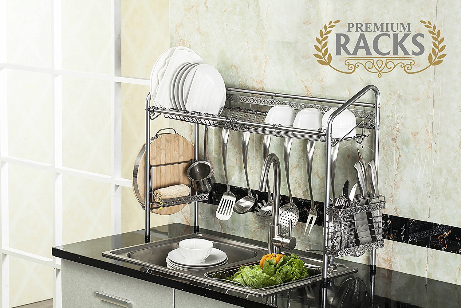 Premium Racks Professional Over The Sink Dish Rack - Fully Customizable - Multipurpose - Large Capacity (Chromium Steel)