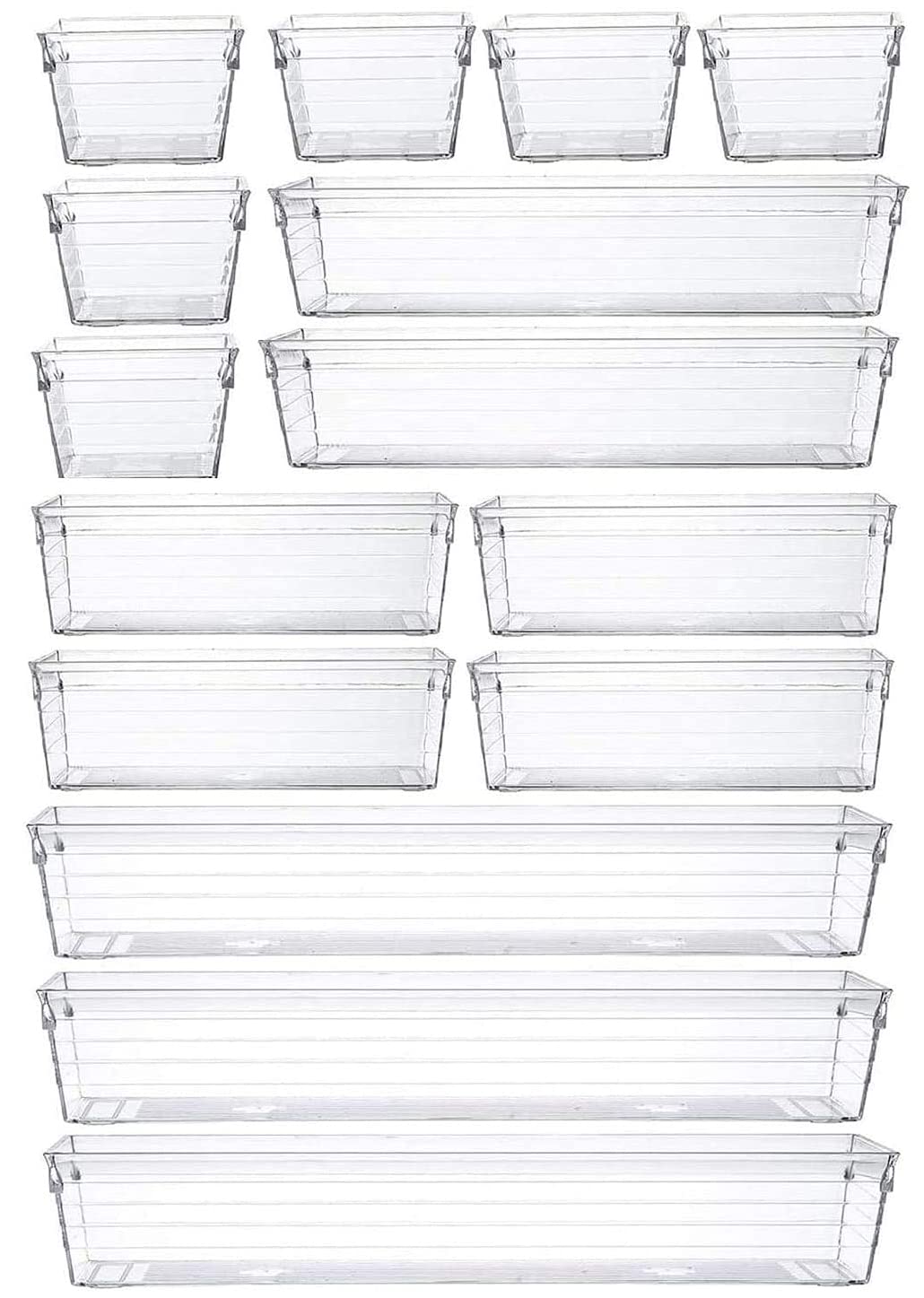 15 PCS Clear Plastic Drawer Organizer Tray for Makeup, Kitchen Utensils, Jewelries, and Gadgets