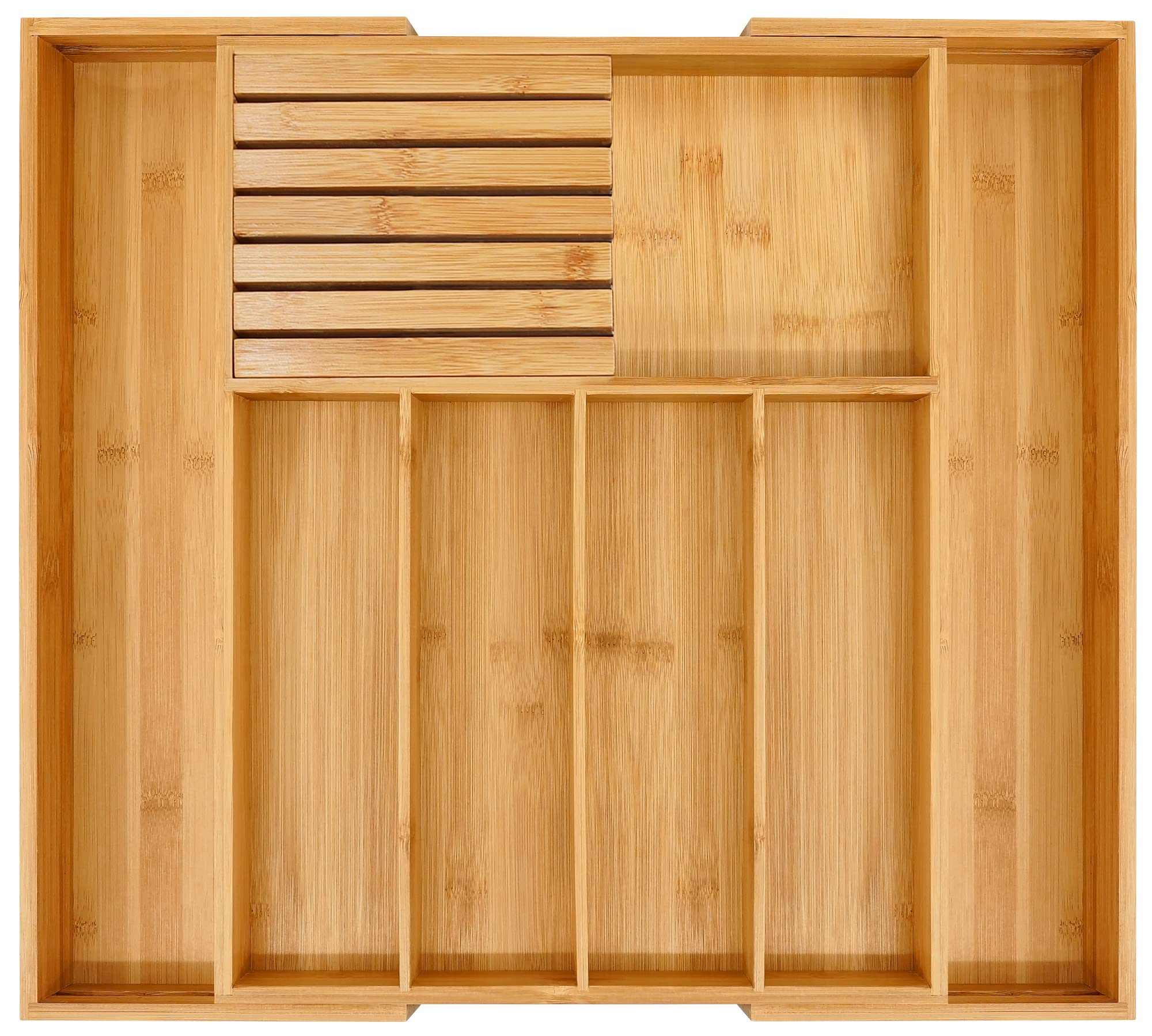 VaeFae Bamboo Silverware Drawer Organizer Kitchen, Expandable Utensil Holder and Cutlery Tray with Divider | 13"-21.6" Flatware Storage and Removable Knife Block