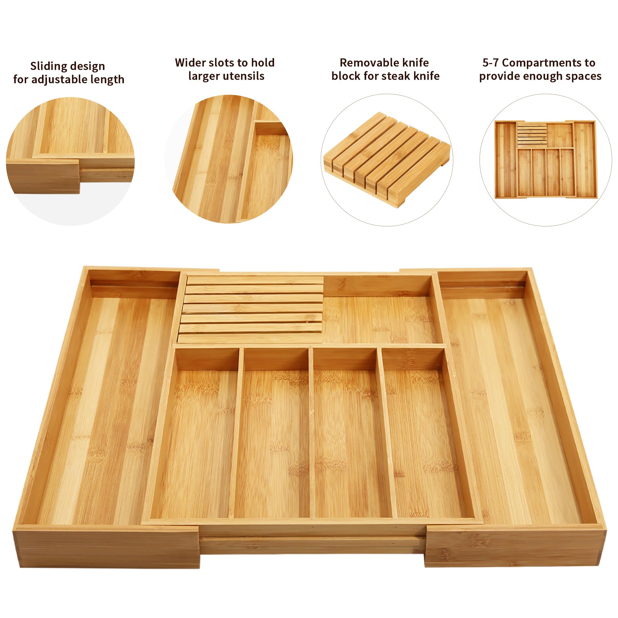 VaeFae Bamboo Silverware Drawer Organizer Kitchen, Expandable Utensil Holder and Cutlery Tray with Divider | 13"-21.6" Flatware Storage and Removable Knife Block