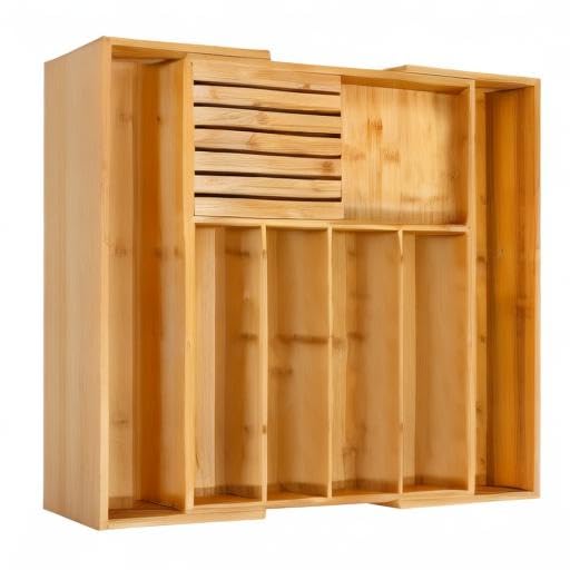VaeFae Bamboo Silverware Drawer Organizer Kitchen, Expandable Utensil Holder and Cutlery Tray with Divider | 13"-21.6" Flatware Storage and Removable Knife Block