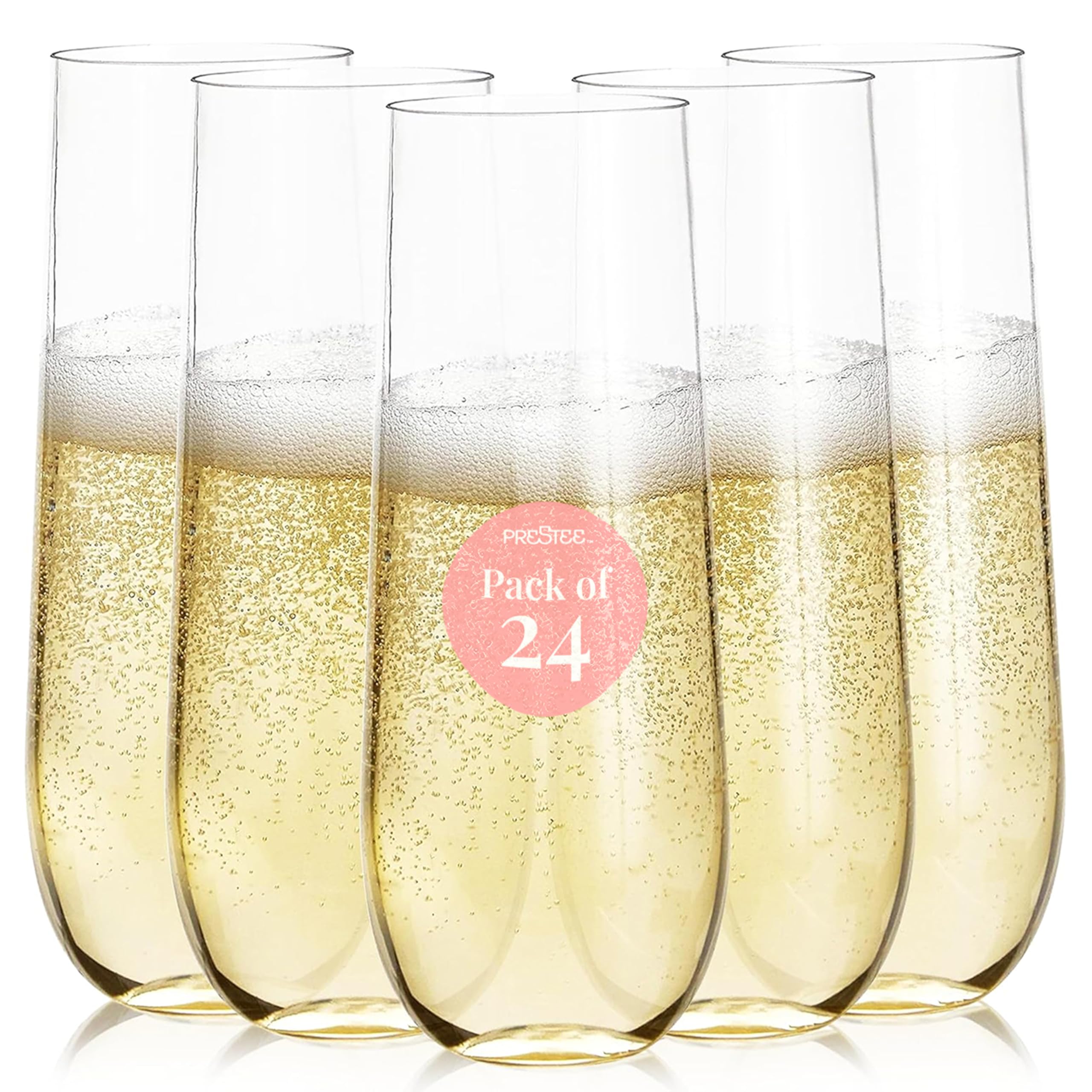 24pk Stemless Plastic Champagne Flutes - 9 Oz | Clear Plastic Wine Glasses | Shatterproof Mimosa Bar Supplies | Disposable Cocktail Glasses | New Years Eve Party Supplies 2023