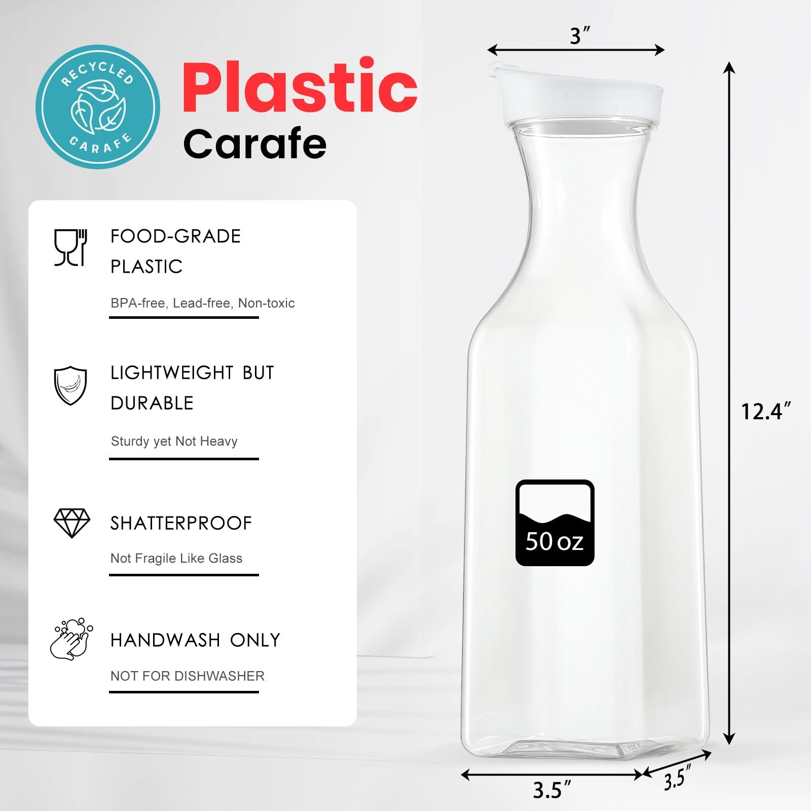 NETANY 50 Oz Water Carafe with Flip Top Lid, Set of 2 Square Base Juice Containers, Clear Plastic Pitcher - for Water, Iced Tea, Juice, Beverage, Milk, Cold Brew and Mimosa Bar - HAND WASH ONLY