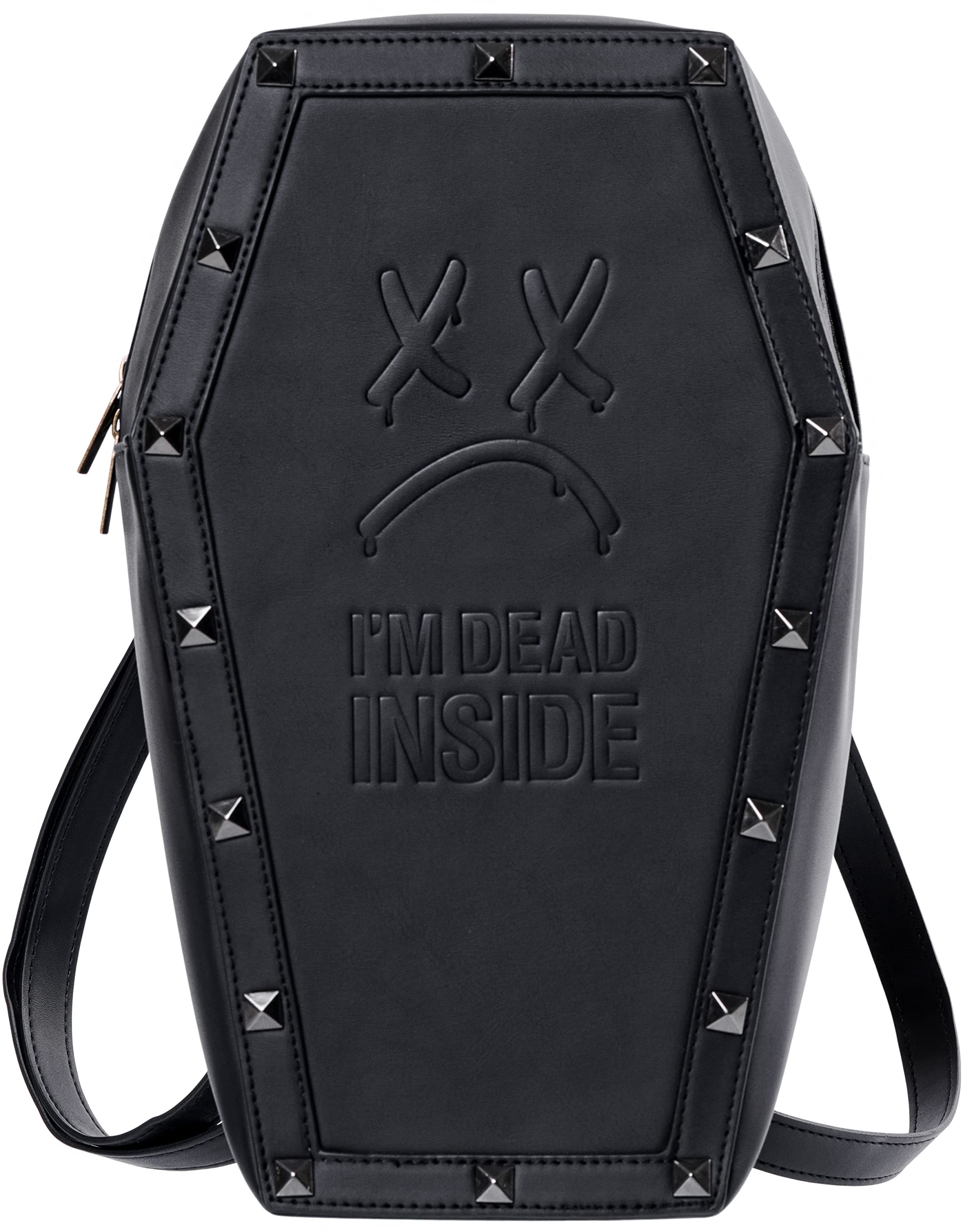 Moody Monday ‘I’m Dead Inside’ Studded Coffin Backpack - Embossed Premium Vegan Leather Black Book Bag - Adjustable Straps with Zip Closure - Goth & Gothic Accessories - Grunge Emo Punk Rock Clothing
