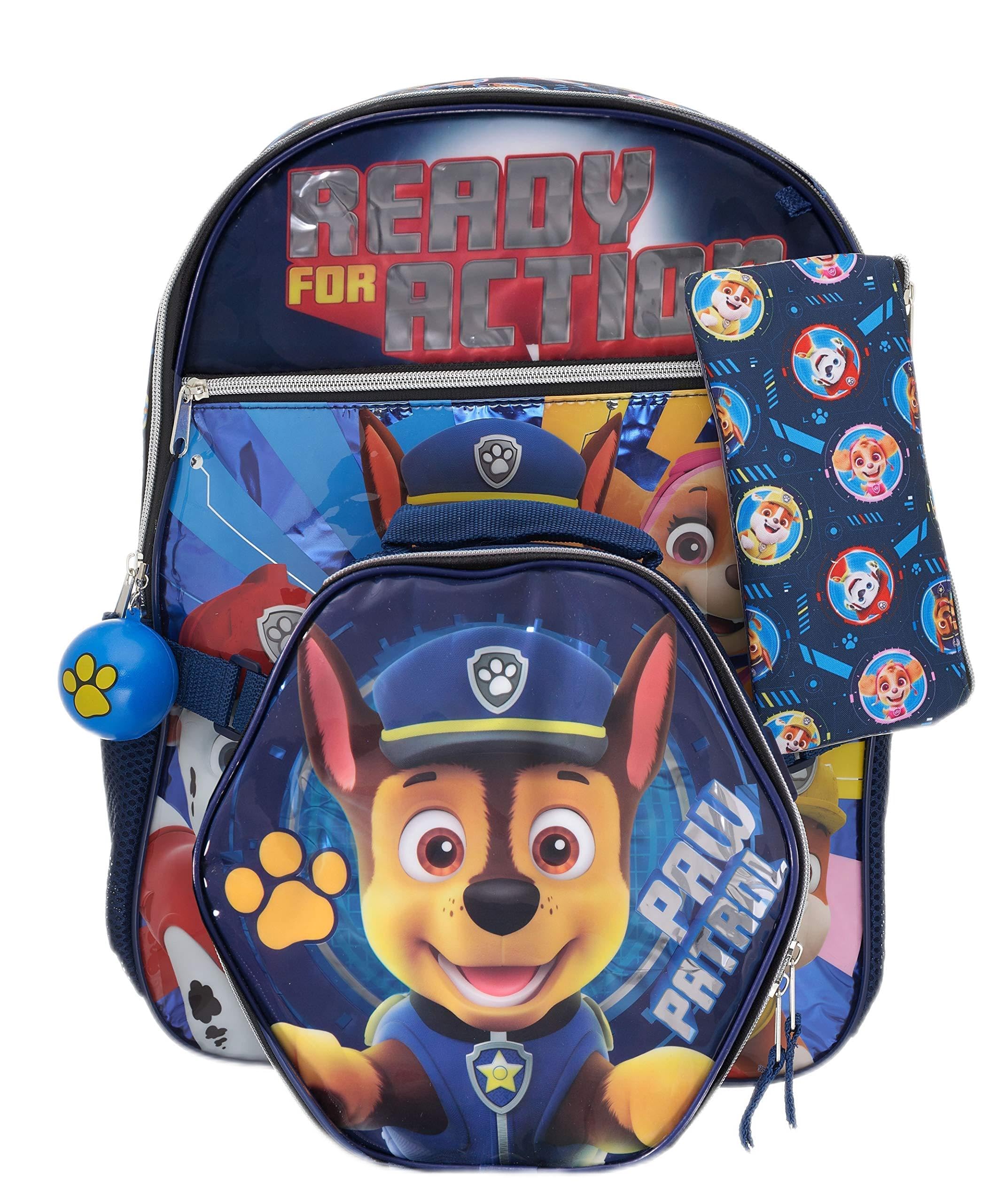 Paw Patrol 5 Piece Ready for Action Backpack Set for Kids, Kindergarten Toddlerâs Schoolbag with Insulated Lunch Box, Pencil Case, Cinch Shoe Bag and Squishy Ball Toy Dangle