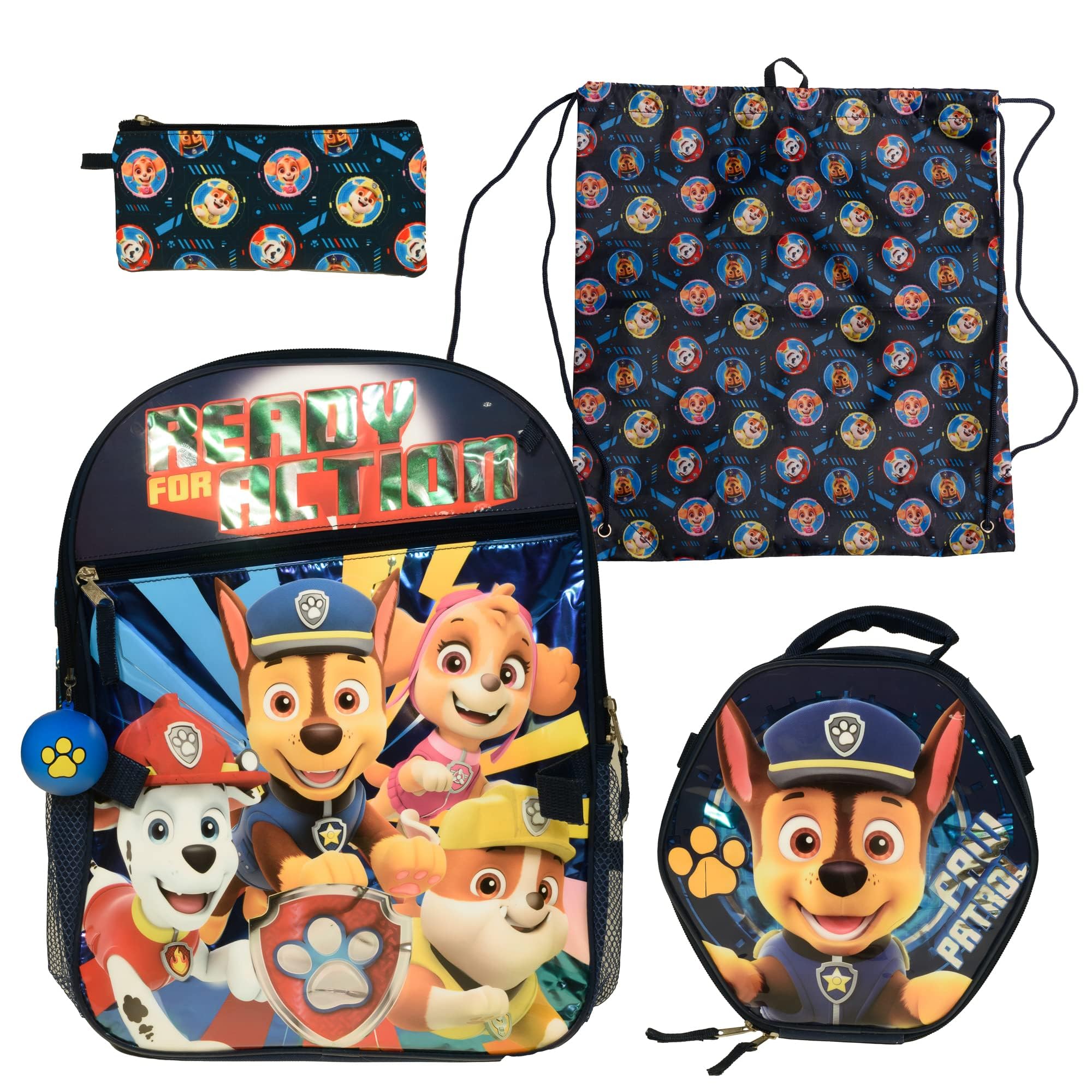 Paw Patrol 5 Piece Ready for Action Backpack Set for Kids, Kindergarten Toddler’s Schoolbag with Insulated Lunch Box, Pencil Case, Cinch Shoe Bag and Squishy Ball Toy Dangle