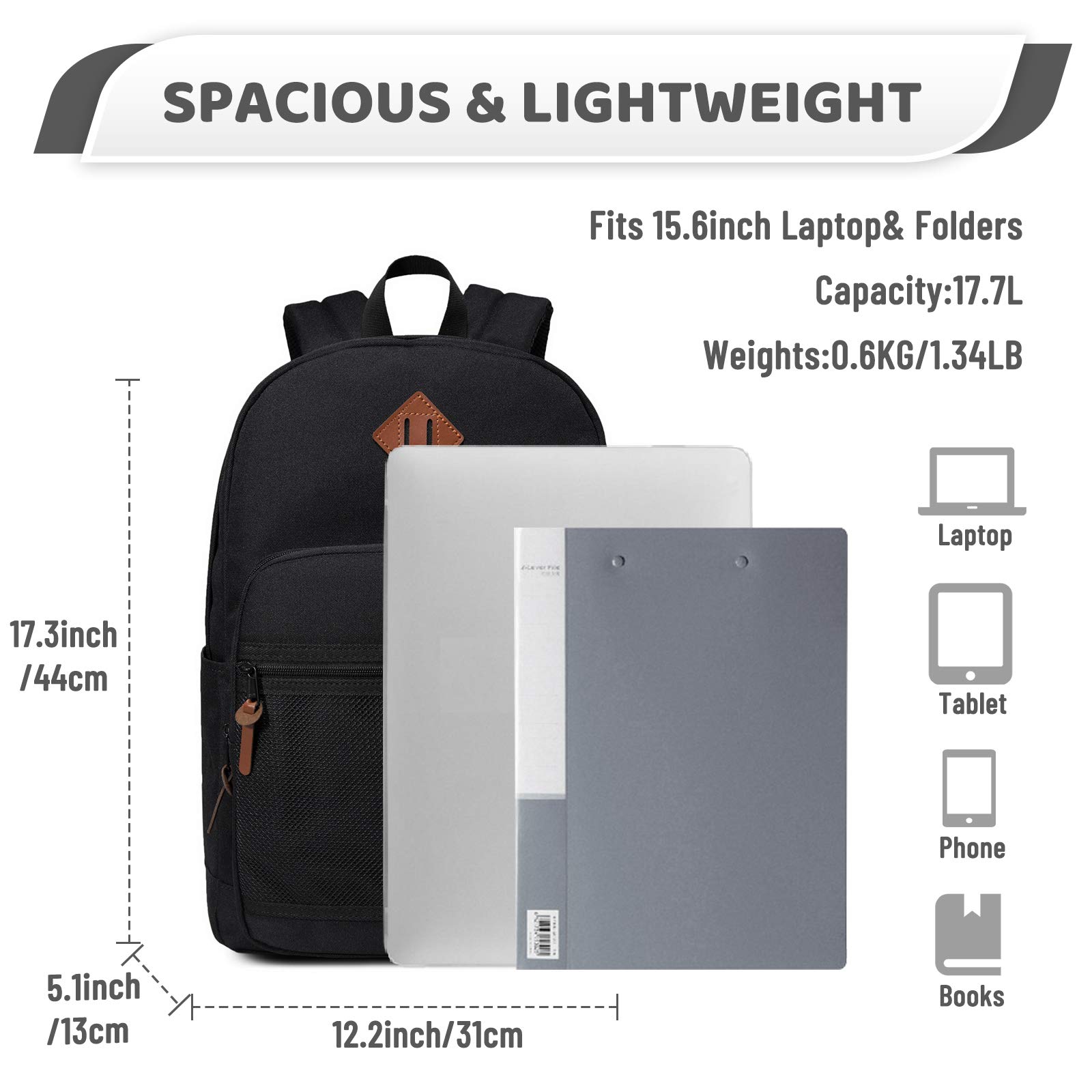 VASCHY School Backpack, Water Resistant Casual Daypack Travel Backpack Bookbag for Men Women with Padded Laptop Sleeve Black