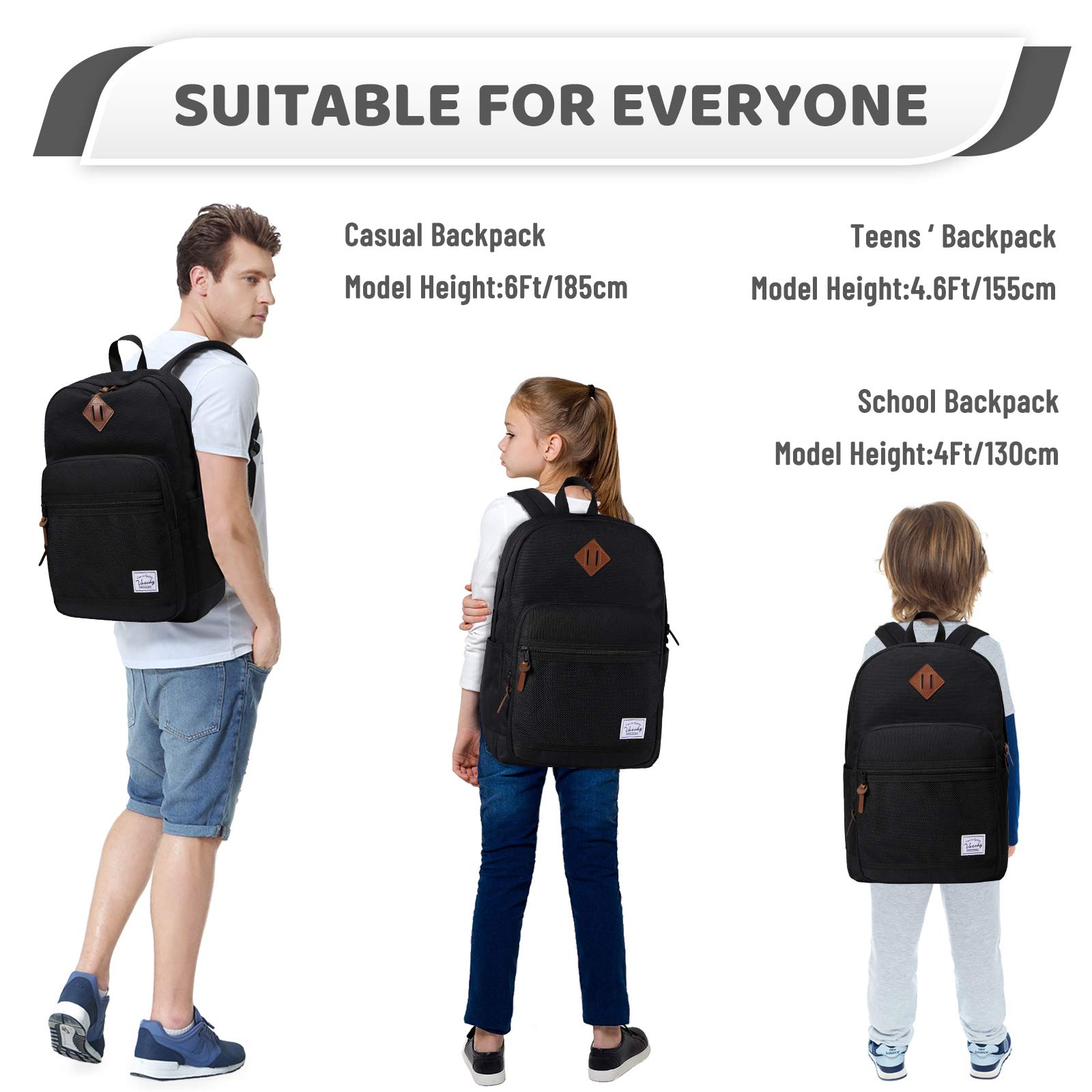 VASCHY School Backpack, Water Resistant Casual Daypack Travel Backpack Bookbag for Men Women with Padded Laptop Sleeve Black