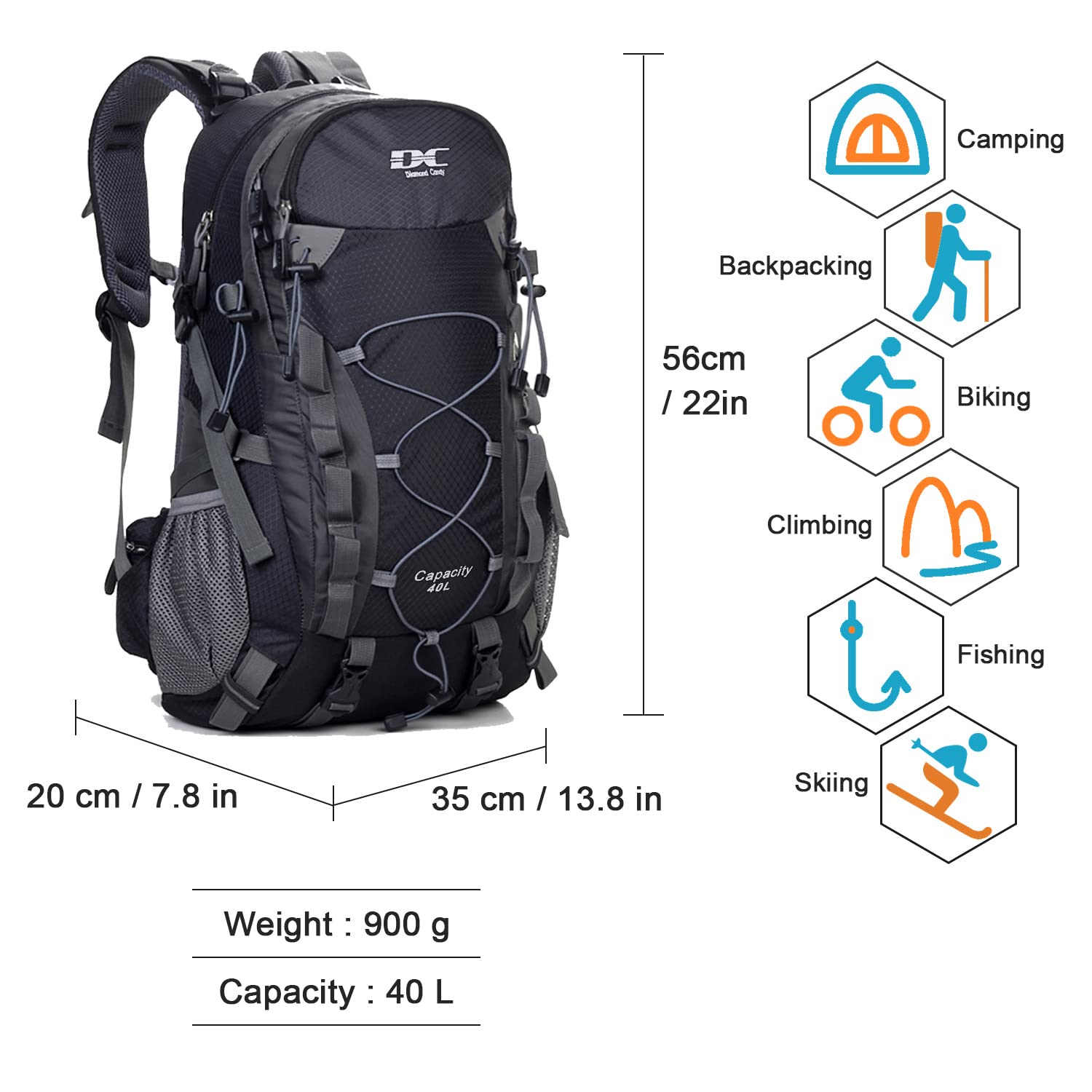 Diamond Candy Waterproof Hiking Backpack for Men and Women, Lightweight Day Pack for Travel Camping, Black, 40L