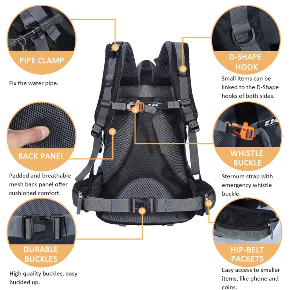 Diamond Candy Waterproof Hiking Backpack for Men and Women, Lightweight Day Pack for Travel Camping, Black, 40L