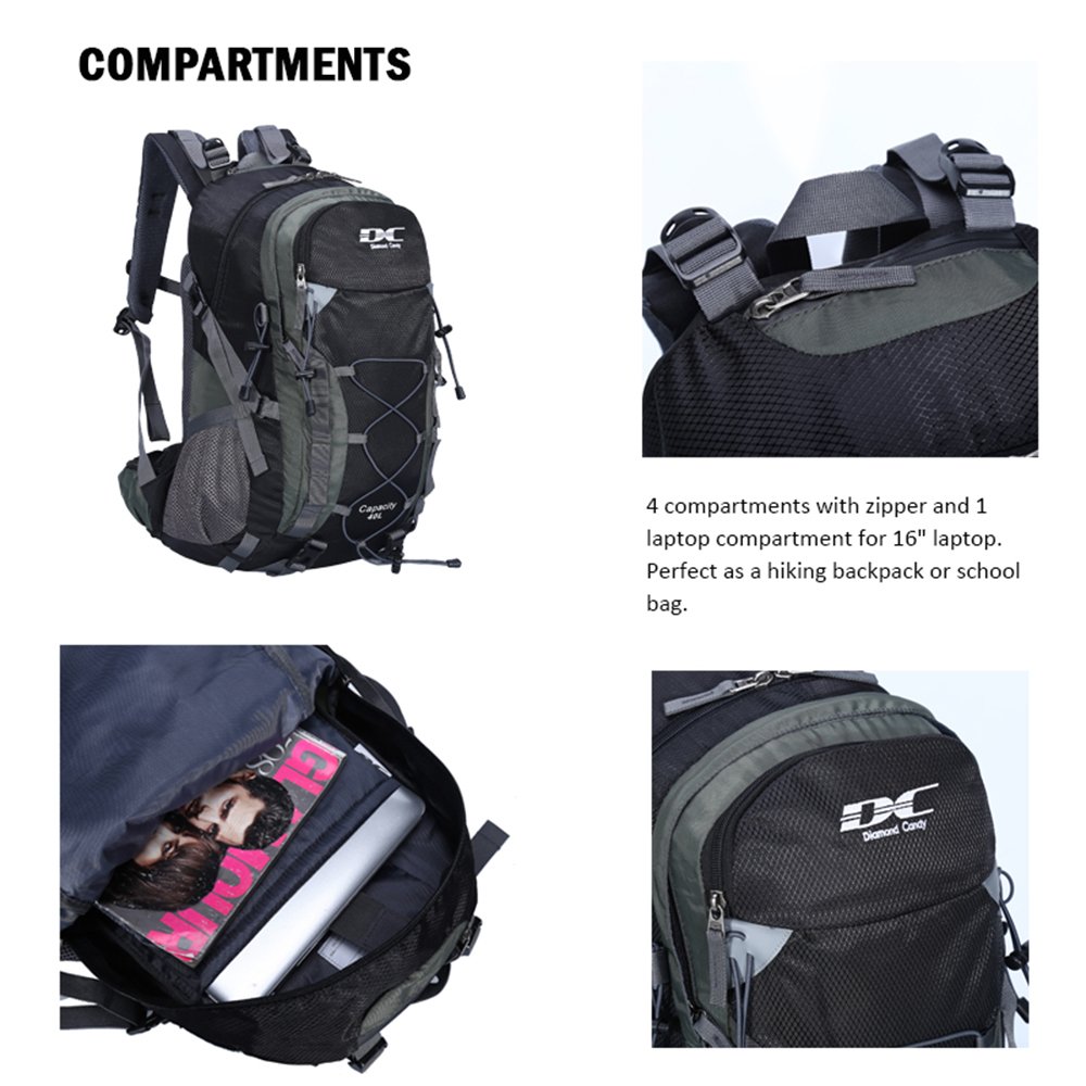 Diamond Candy Waterproof Hiking Backpack for Men and Women, Lightweight Day Pack for Travel Camping, Black, 40L