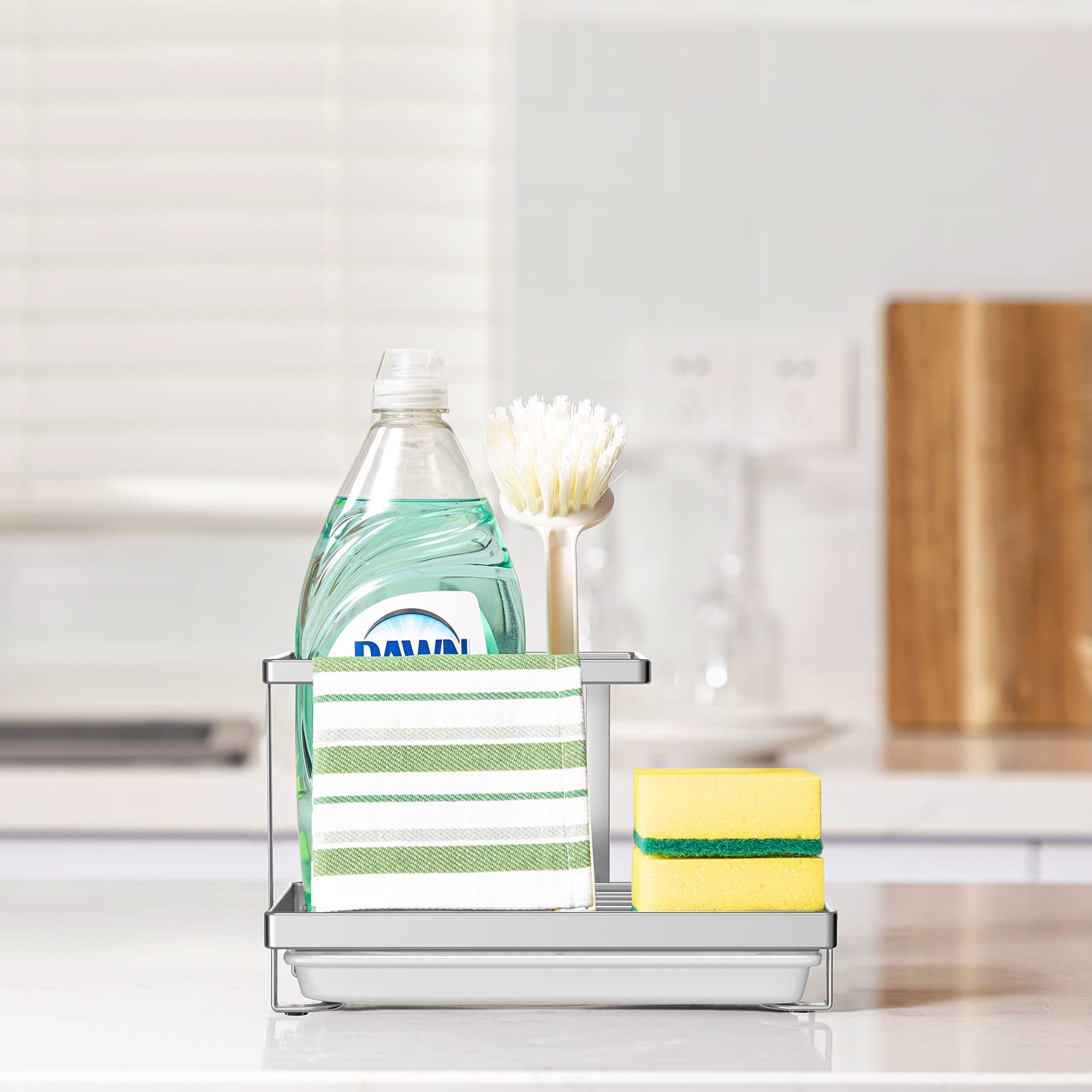 Oyydecor Kitchen Sink Caddy, 304 Stainless Steel Sponge Holder Organizer Countertop Soap Dish Rack Drainer with Drain Pan for Dish Rag Scrub Brush and Hand Sanitizer (Silver)