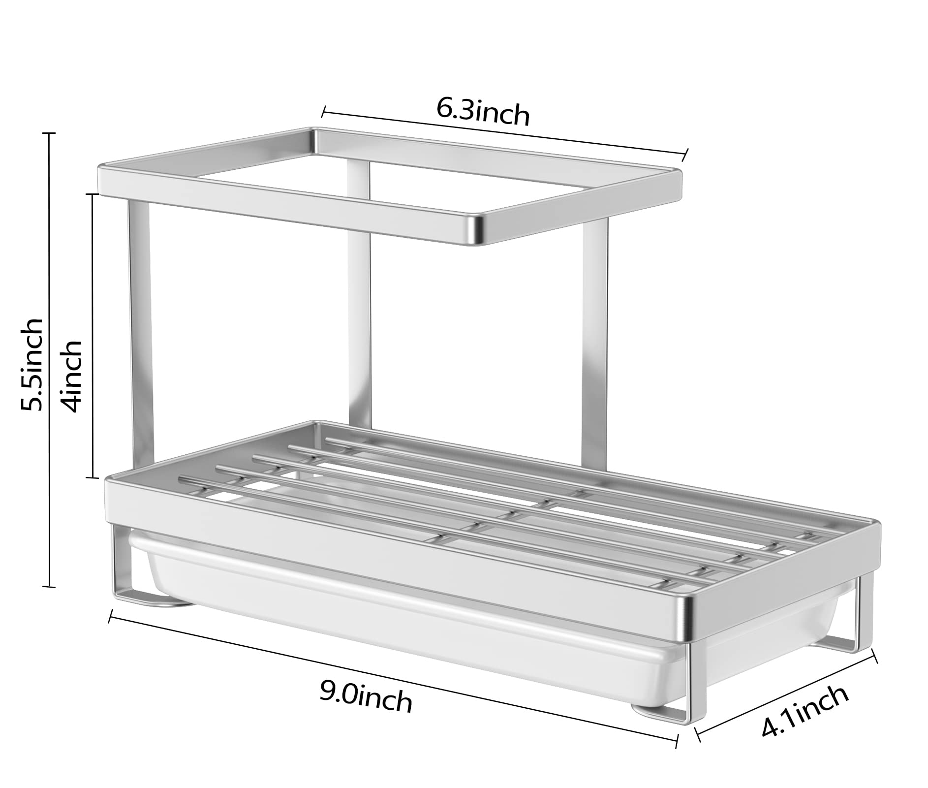Oyydecor Kitchen Sink Caddy, 304 Stainless Steel Sponge Holder Organizer Countertop Soap Dish Rack Drainer with Drain Pan for Dish Rag Scrub Brush and Hand Sanitizer (Silver)