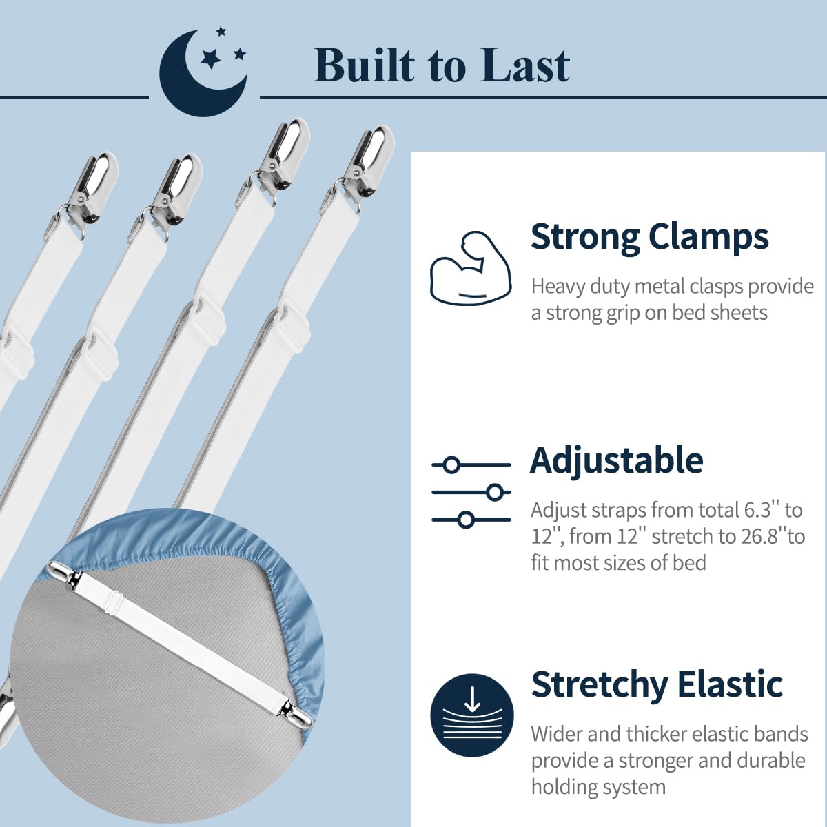 Bed Sheet Fasteners, Sopito 4pcs Adjustable Sheet Straps Heavy Duty Bed Sheet Grippers Suspenders for Mattresses Fitted Sheets Flat Sheets, White