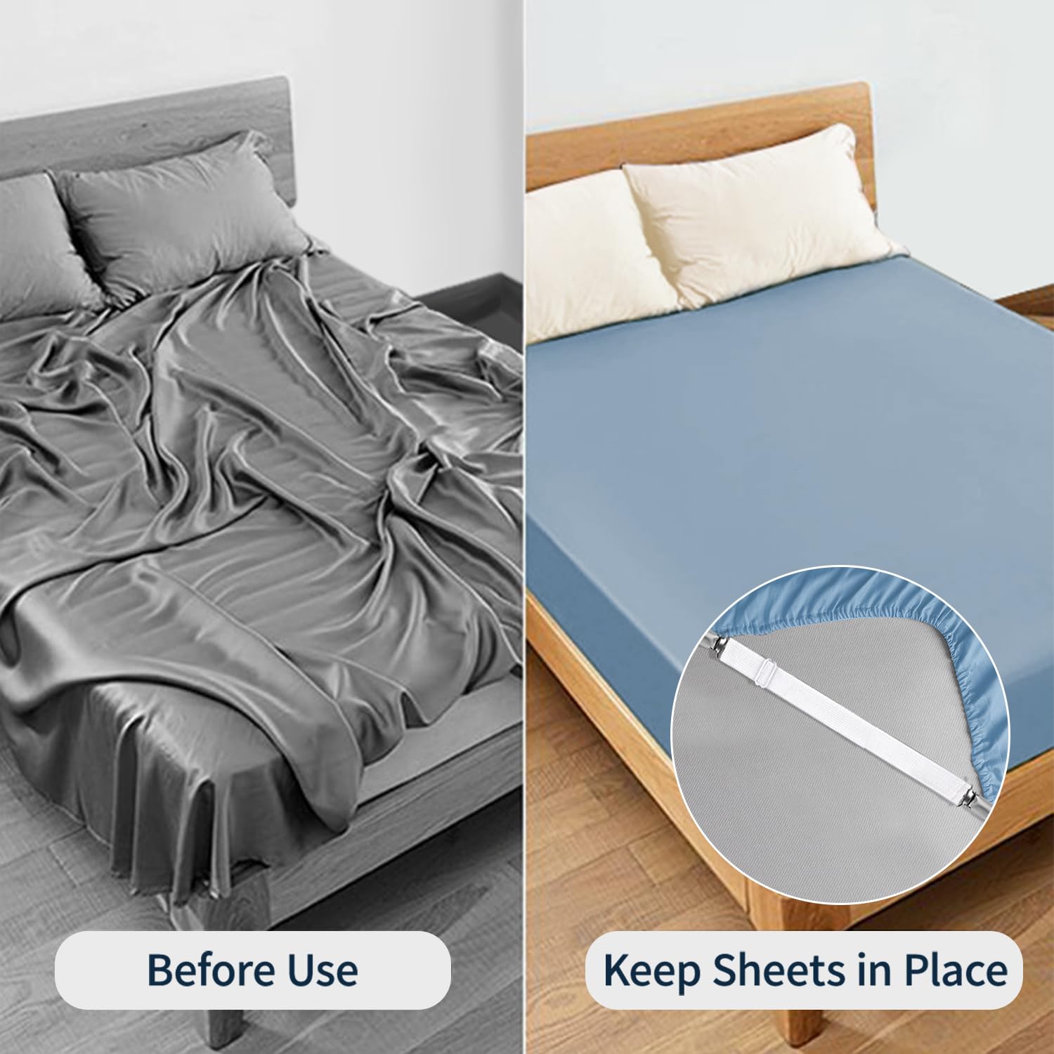 Bed Sheet Fasteners, Sopito 4pcs Adjustable Sheet Straps Heavy Duty Bed Sheet Grippers Suspenders for Mattresses Fitted Sheets Flat Sheets, White