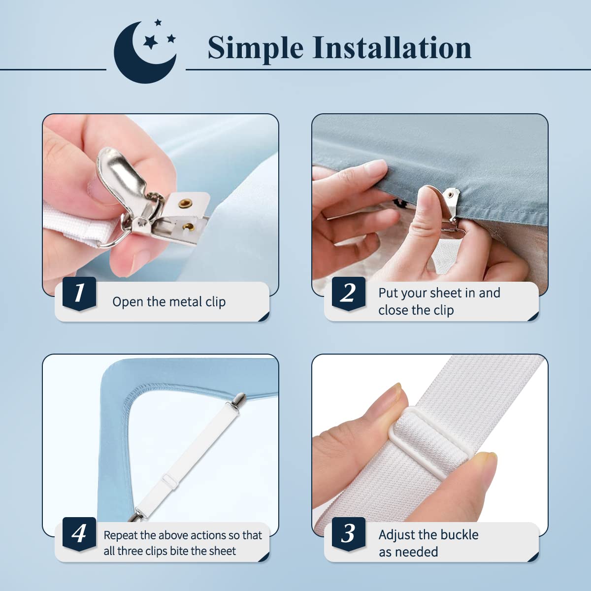 Bed Sheet Fasteners, Sopito 4pcs Adjustable Sheet Straps Heavy Duty Bed Sheet Grippers Suspenders for Mattresses Fitted Sheets Flat Sheets, White