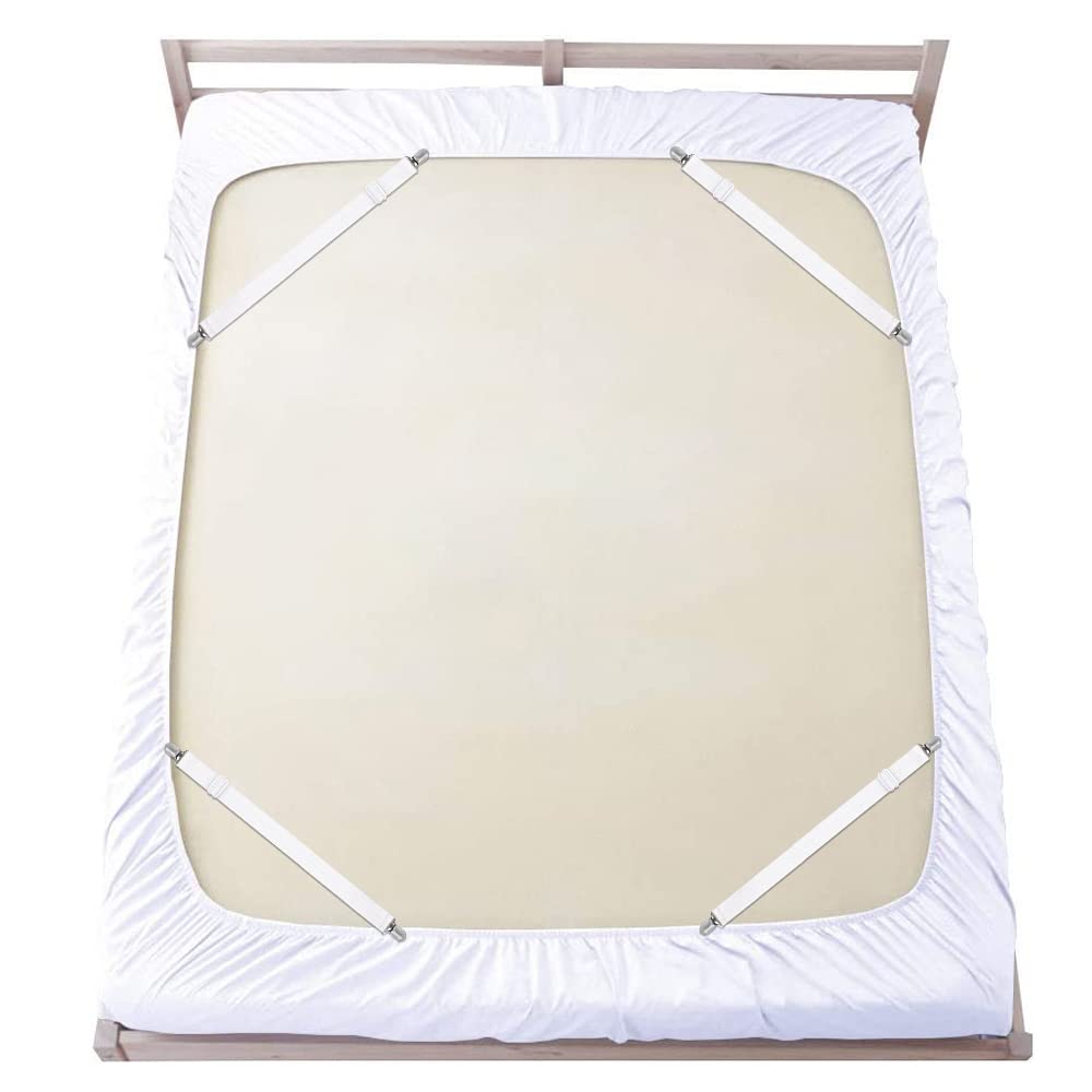 Bed Sheet Fasteners, Sopito 4pcs Adjustable Sheet Straps Heavy Duty Bed Sheet Grippers Suspenders for Mattresses Fitted Sheets Flat Sheets, White