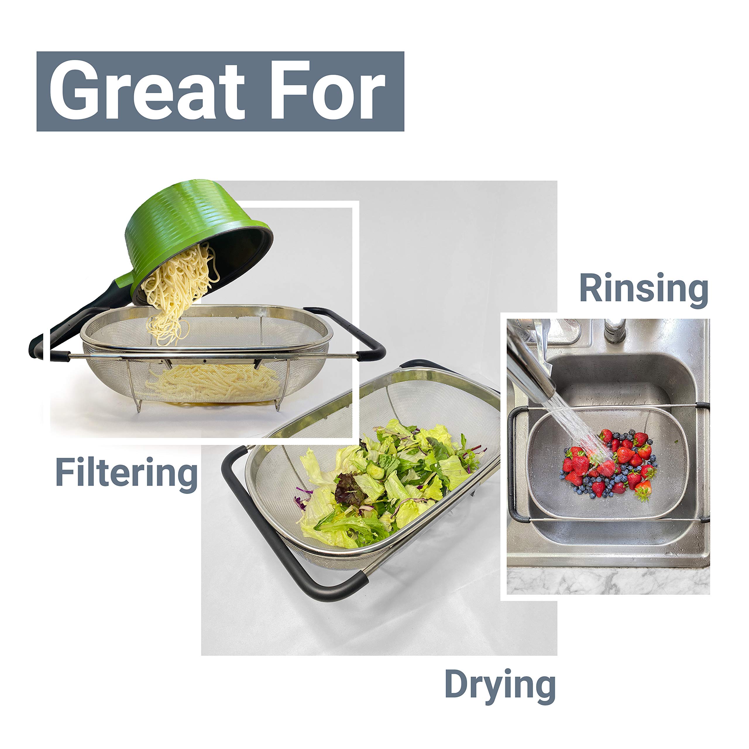 Makerstep Over the Sink Colander Strainer Basket Stainless Steel, For Kitchen Sink with Rubber Grip, Fine Mesh, Large Kitchen Gadgets Tools, Expandable Sink Strainer Home Kitchen Essentials