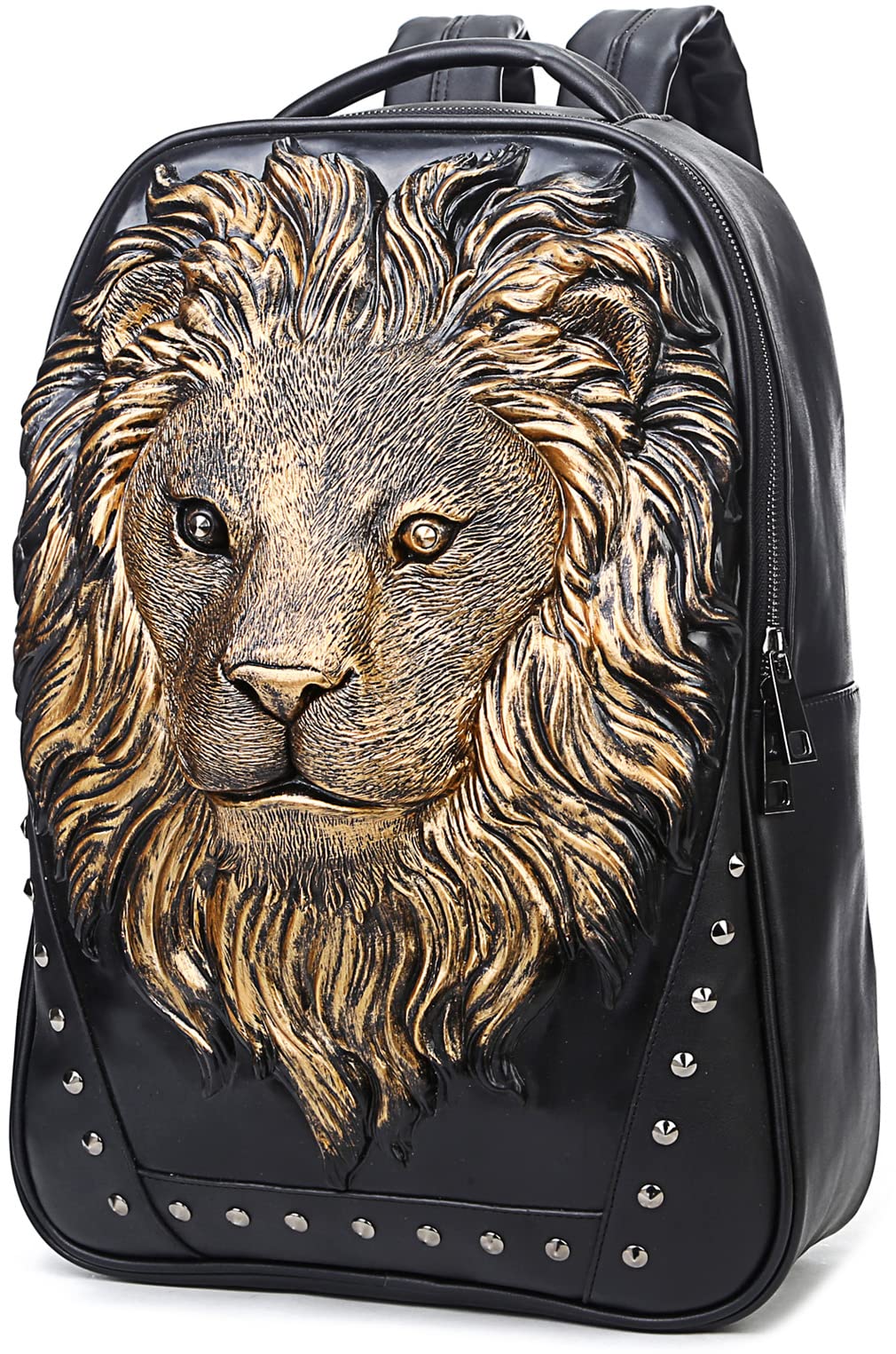 3D Animal Head Backpack, Studded PU Leather Cool Laptop Backpack College Bookbag (Lion-Black) One Size