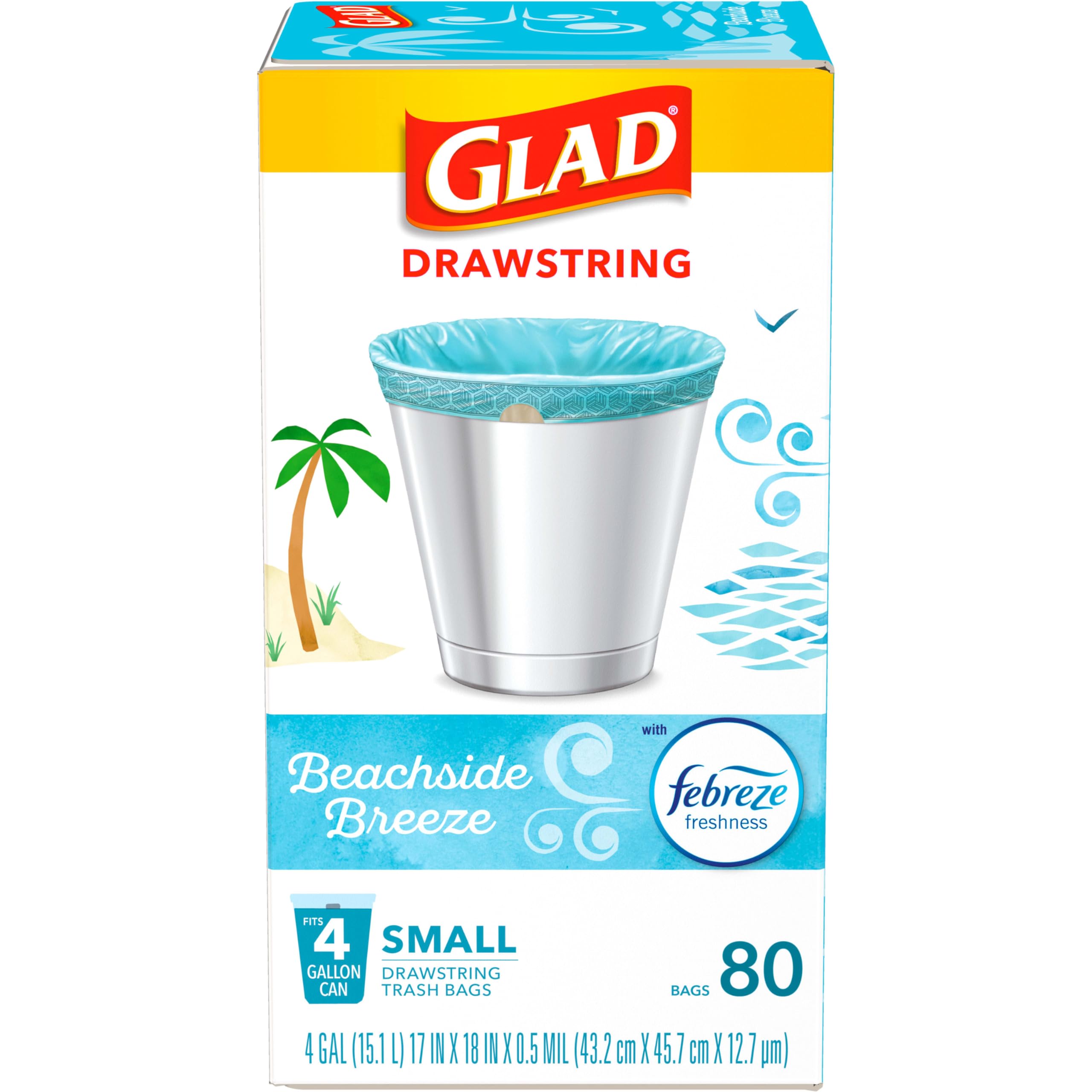 GLAD Small Drawstring Trash Bags, 4 Gallon Green Trash Bags for Small Kitchen or Office Trash Can, Beachside Breeze with Febreze Freshness to Eliminate Odors, 80 Count - Packaging May Vary