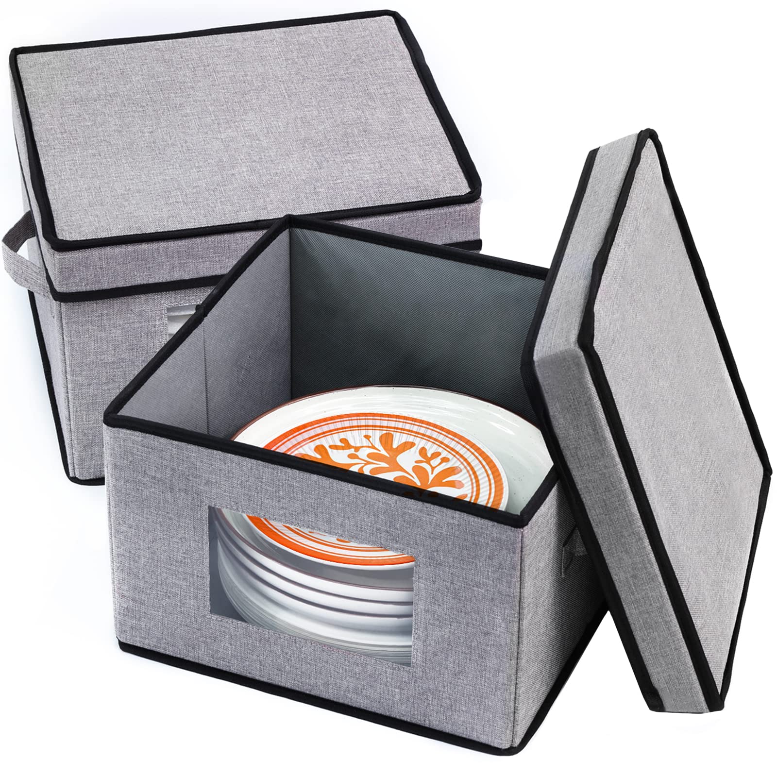 Sakuchi China Storage Containers for Dishes With Handles, Dinnerware Storage Box for Plates with 12 Cushion Sheets, 12"x12", Set of 2 (Grey)