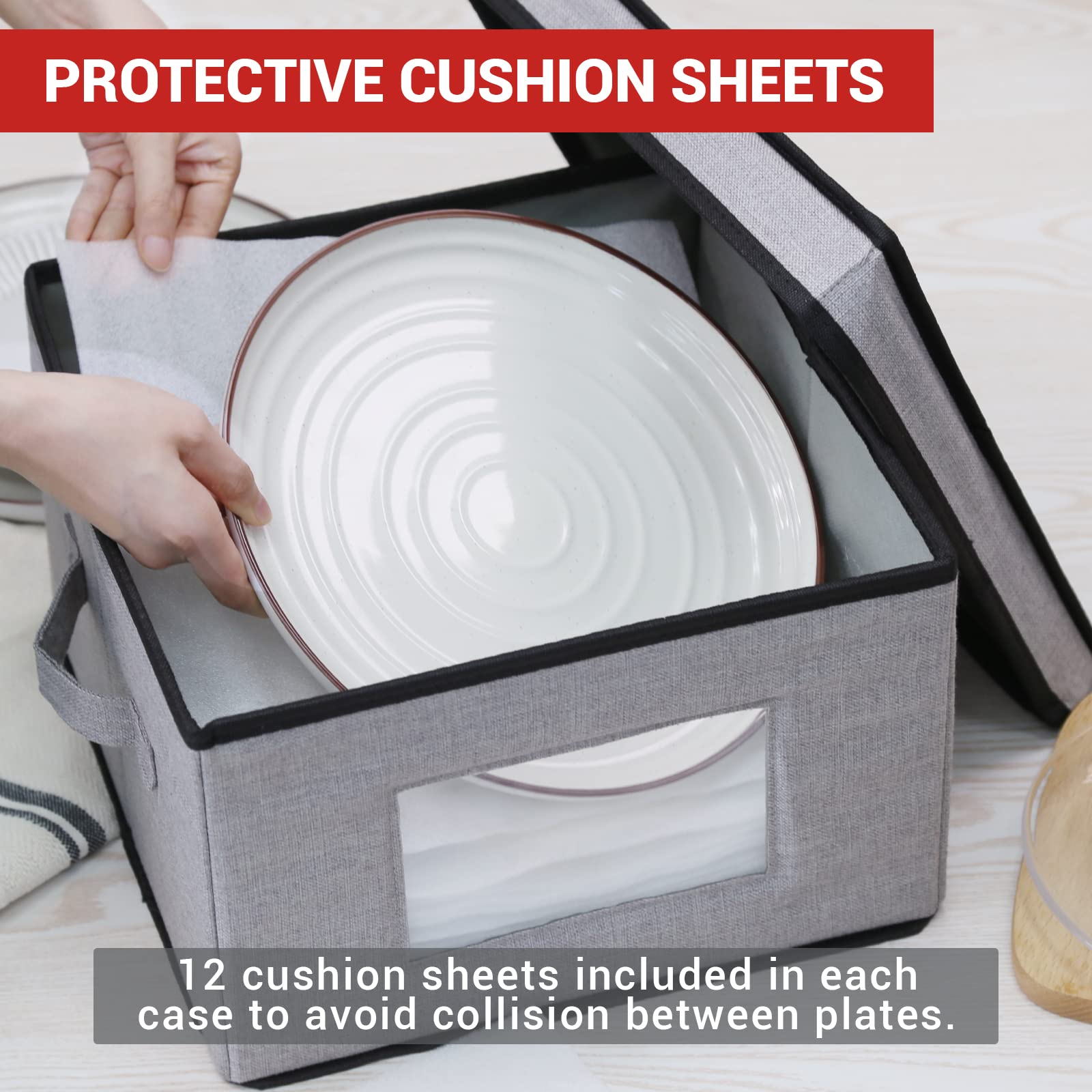 Sakuchi China Storage Containers for Dishes With Handles, Dinnerware Storage Box for Plates with 12 Cushion Sheets, 12"x12", Set of 2 (Grey)