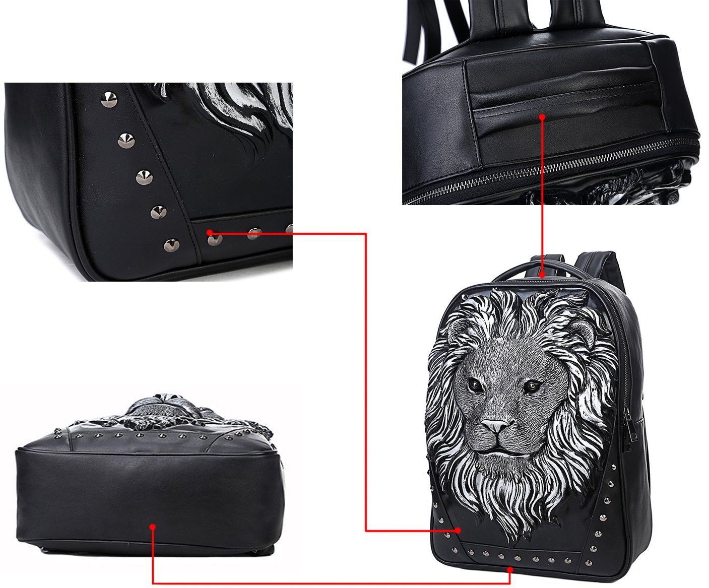 3D Animal Head Backpack, Studded PU Leather Cool Laptop Backpack College Bookbag (Lion-Black) One Size
