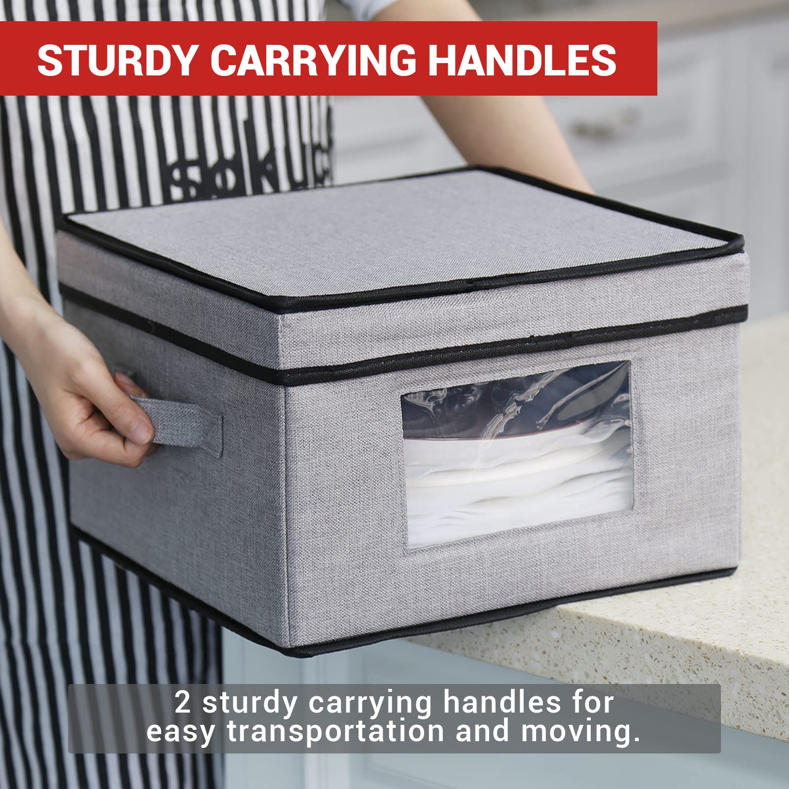 Sakuchi China Storage Containers for Dishes With Handles, Dinnerware Storage Box for Plates with 12 Cushion Sheets, 12"x12", Set of 2 (Grey)