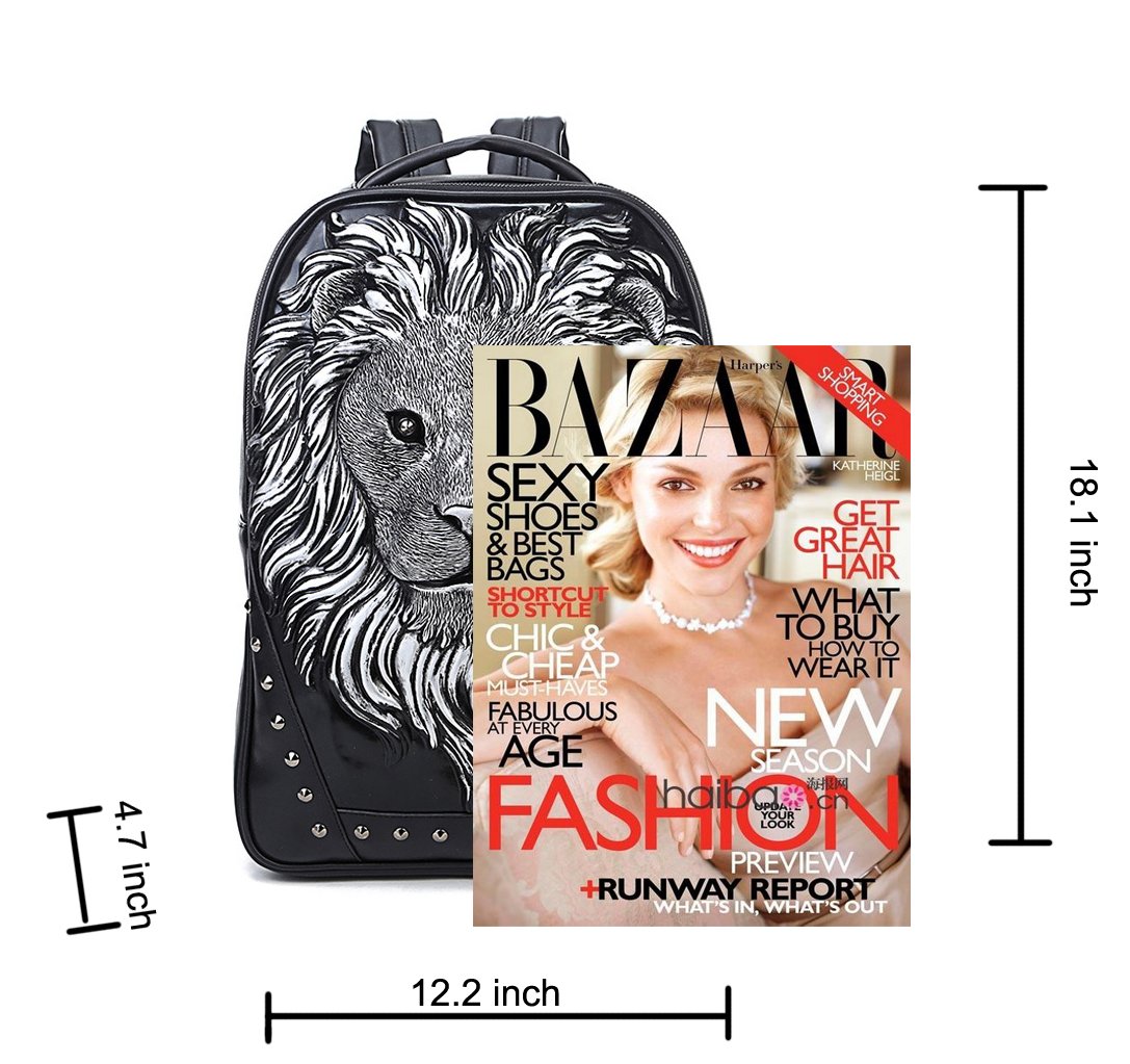 3D Animal Head Backpack, Studded PU Leather Cool Laptop Backpack College Bookbag (Lion-Black) One Size