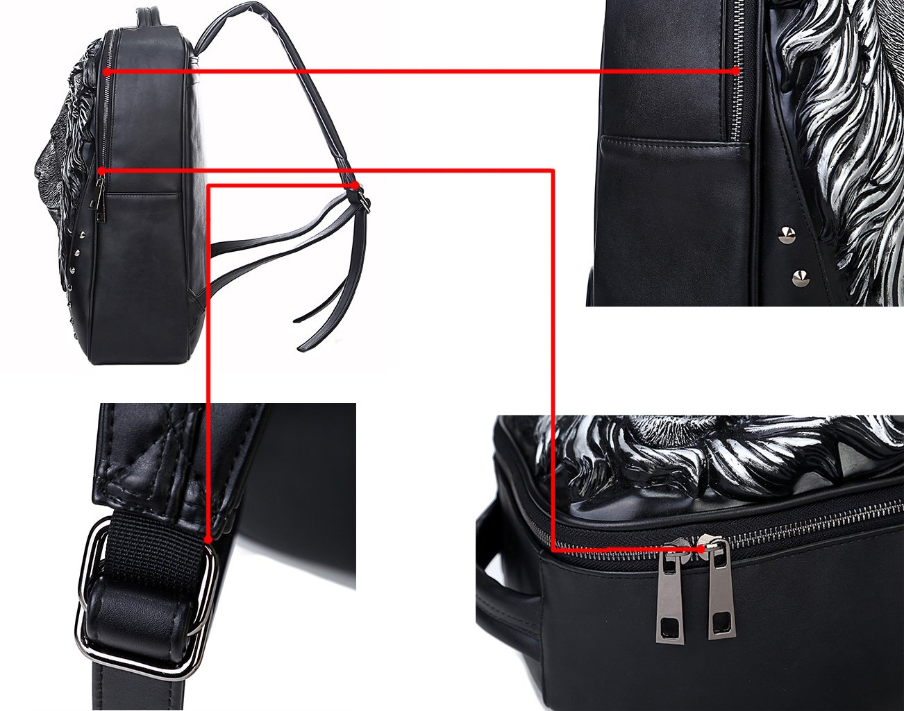 3D Animal Head Backpack, Studded PU Leather Cool Laptop Backpack College Bookbag (Lion-Black) One Size
