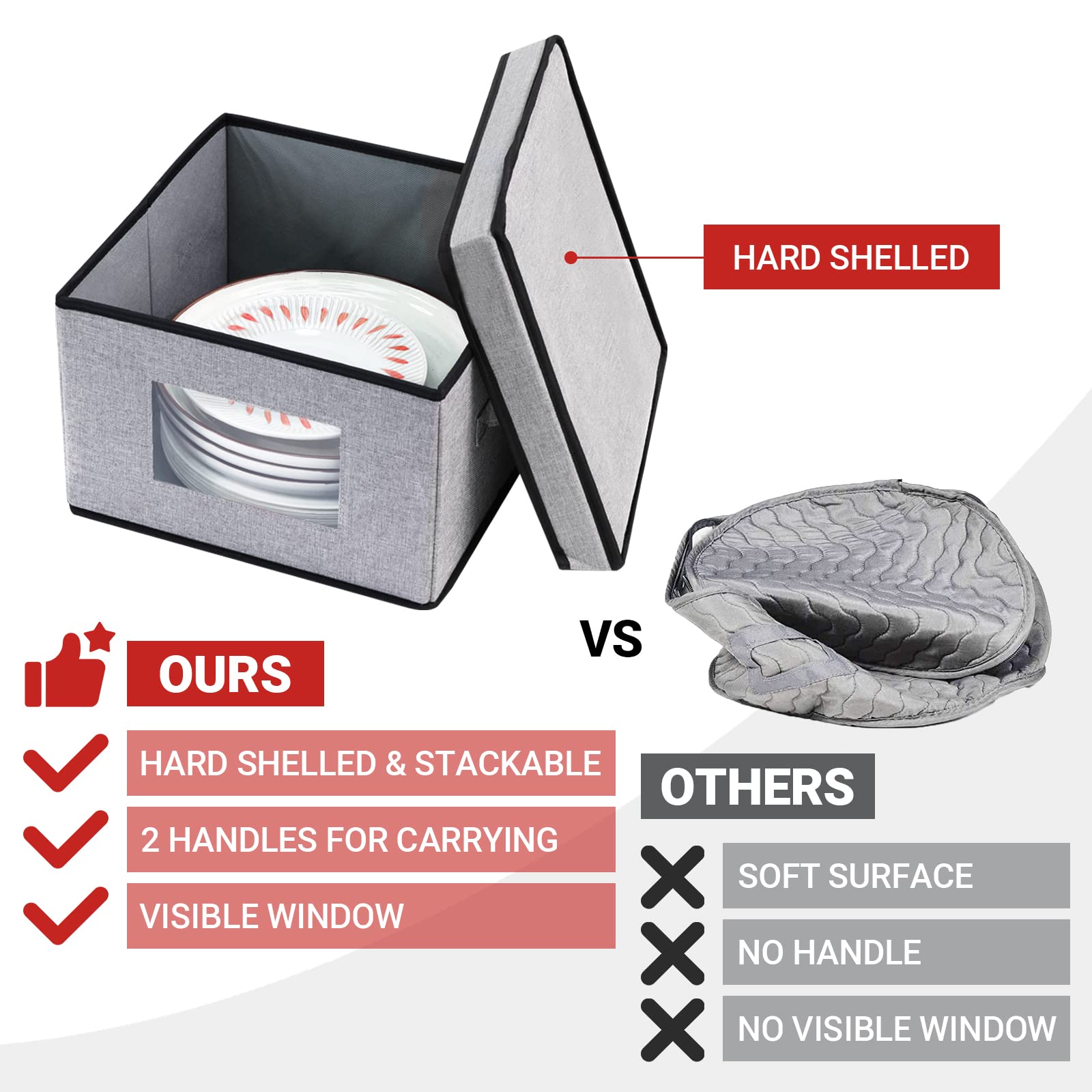 Sakuchi China Storage Containers for Dishes With Handles, Dinnerware Storage Box for Plates with 12 Cushion Sheets, 12"x12", Set of 2 (Grey)