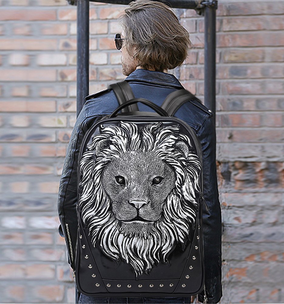 3D Animal Head Backpack, Studded PU Leather Cool Laptop Backpack College Bookbag (Lion-Black) One Size