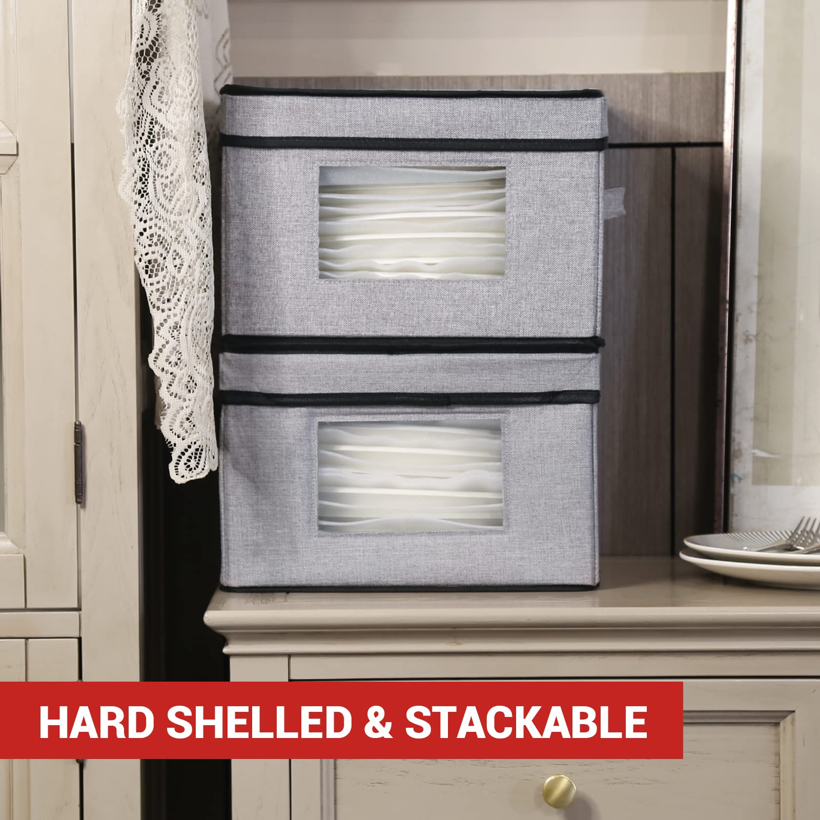 Sakuchi China Storage Containers for Dishes With Handles, Dinnerware Storage Box for Plates with 12 Cushion Sheets, 12"x12", Set of 2 (Grey)