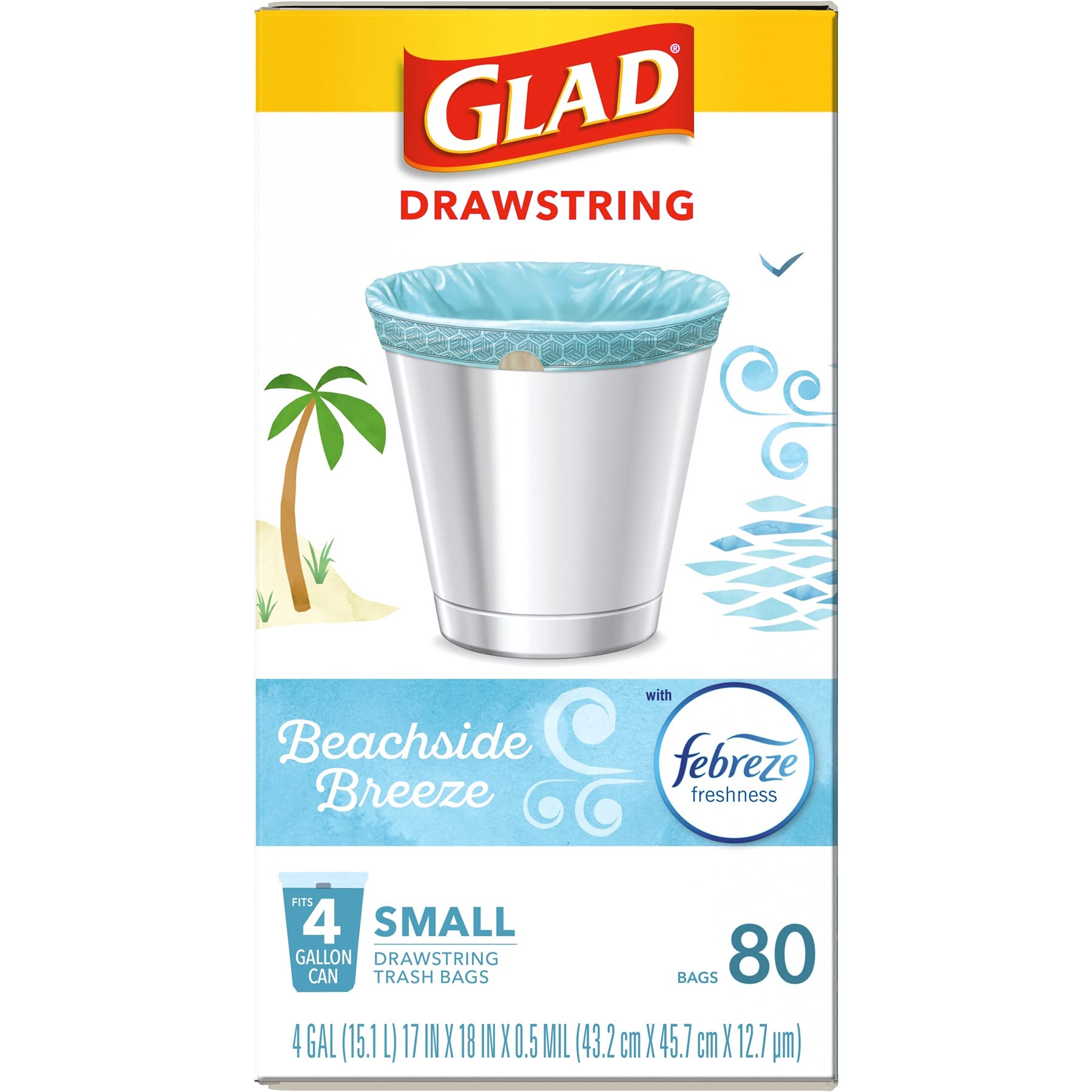 GLAD Small Drawstring Trash Bags, 4 Gallon Green Trash Bags for Small Kitchen or Office Trash Can, Beachside Breeze with Febreze Freshness to Eliminate Odors, 80 Count - Packaging May Vary