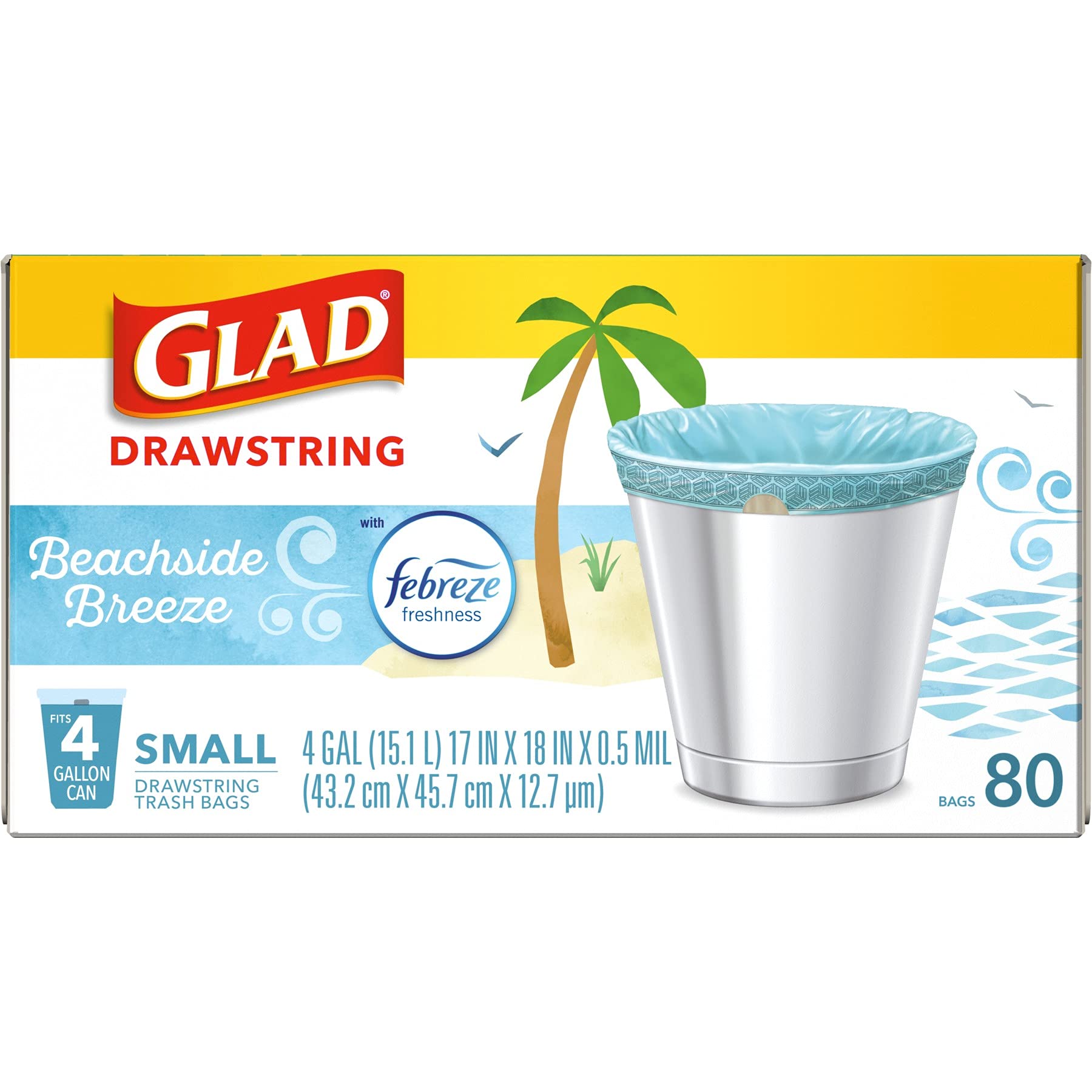 GLAD Small Drawstring Trash Bags, 4 Gallon Green Trash Bags for Small Kitchen or Office Trash Can, Beachside Breeze with Febreze Freshness to Eliminate Odors, 80 Count - Packaging May Vary