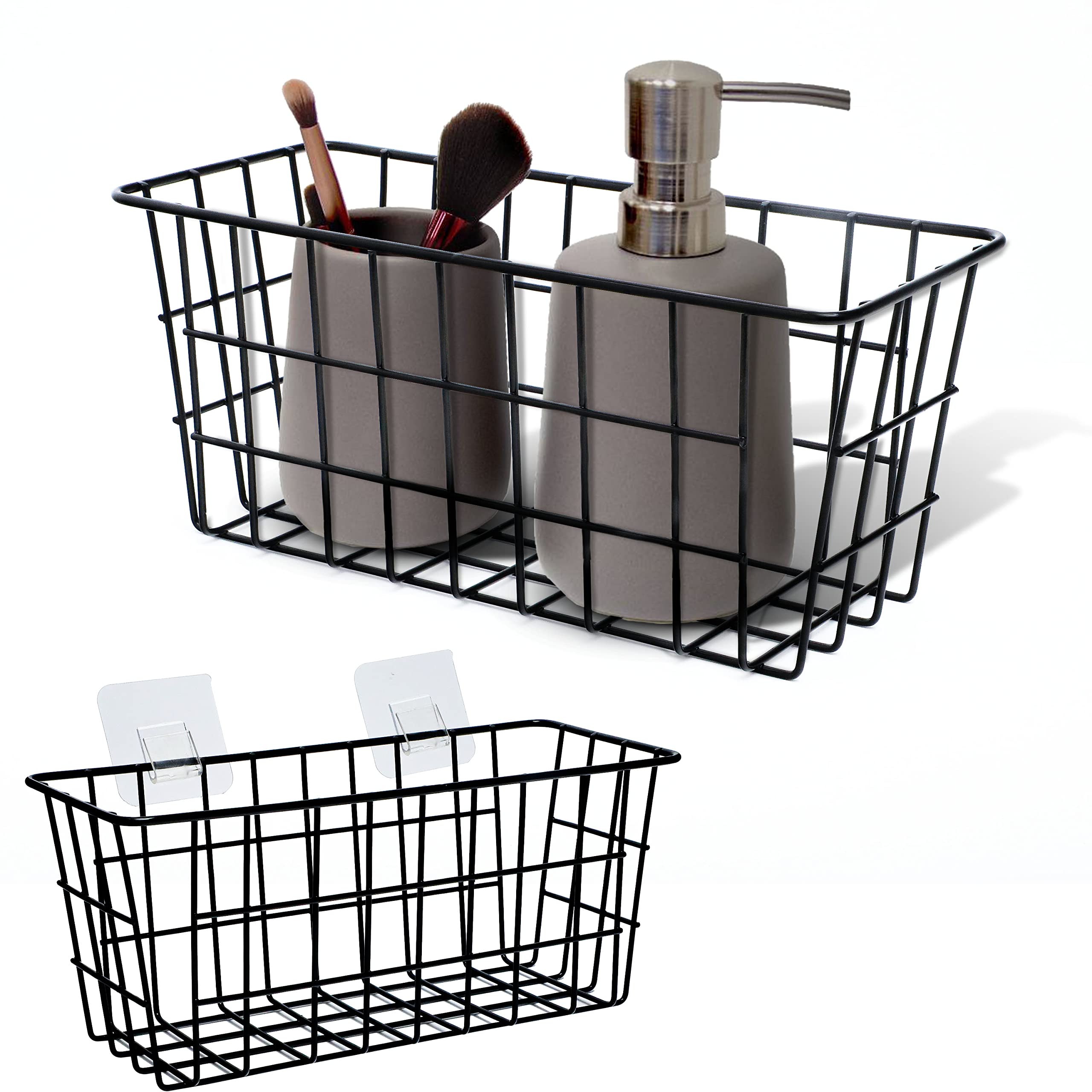 BASKETIA Wire Baskets, 2Pcs, 11x 4.7x 4.7 Inches – Rust Resistant Metal Basket with Strong Adhesive - Perfect for Organizing & Storing in Kitchen, Bathroom, Closets, Vanity & Pantry Black
